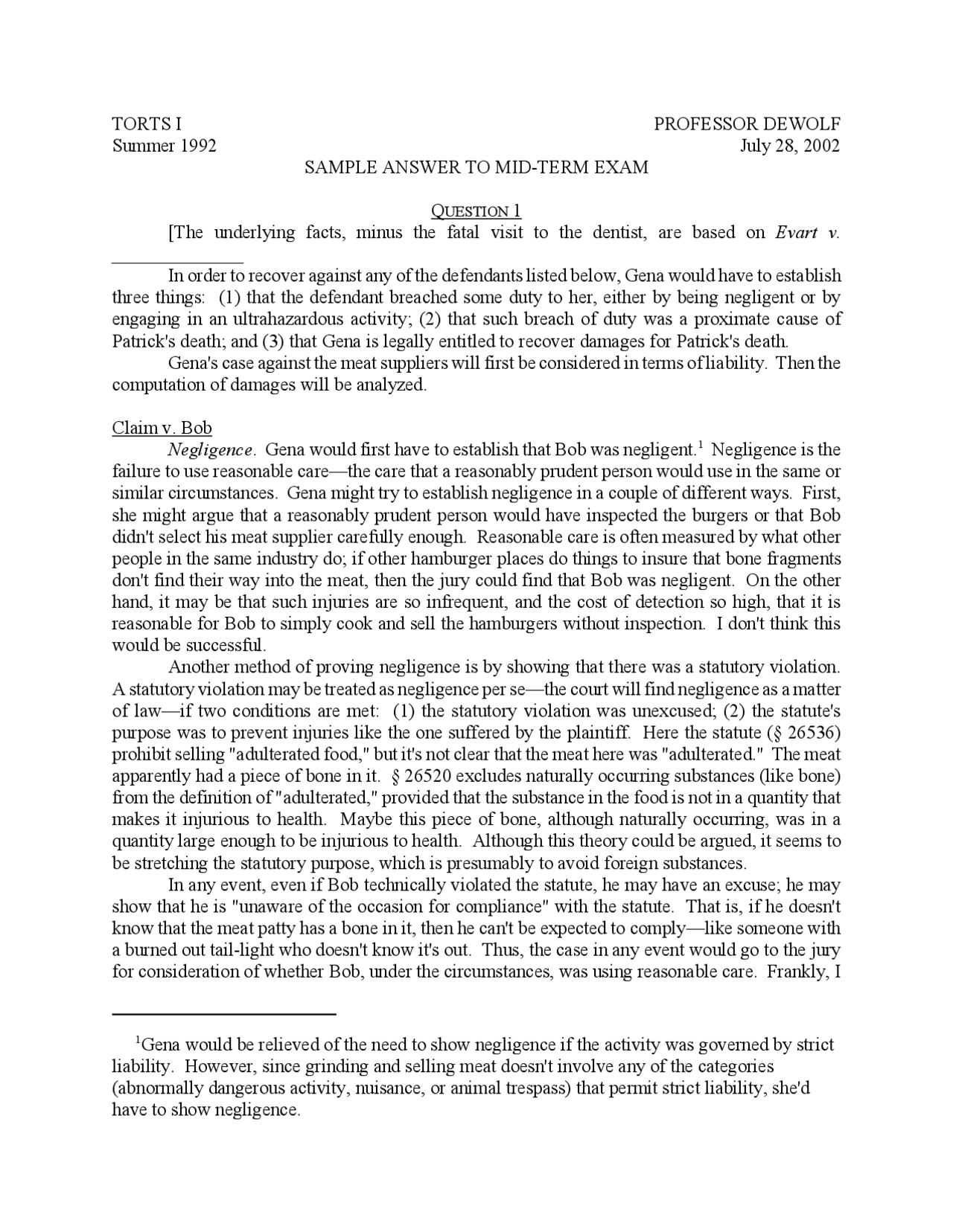 Special Temporary Permits Torts Law Solved Exam Docsity