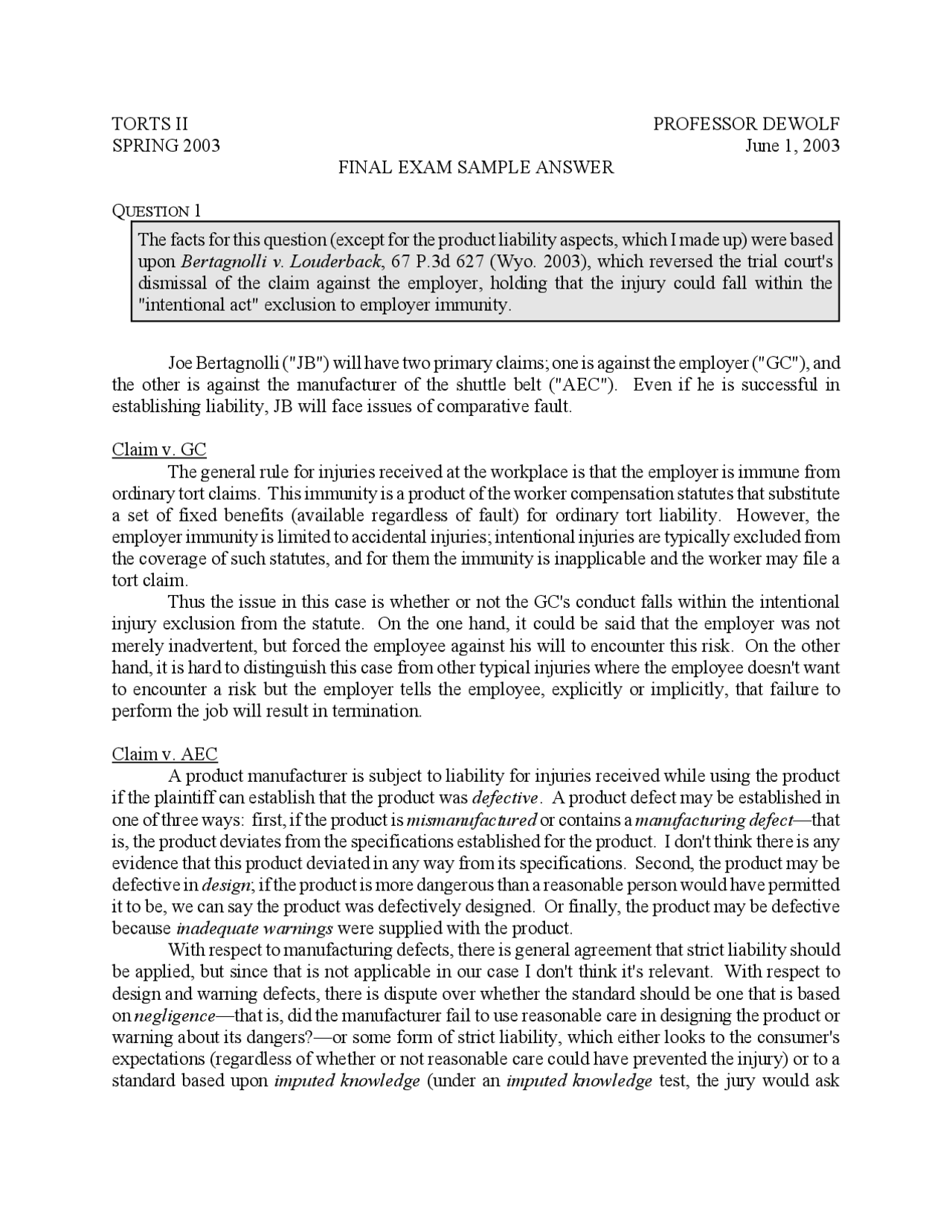 Analysis Of Prospects Torts Law Solved Exam Docsity