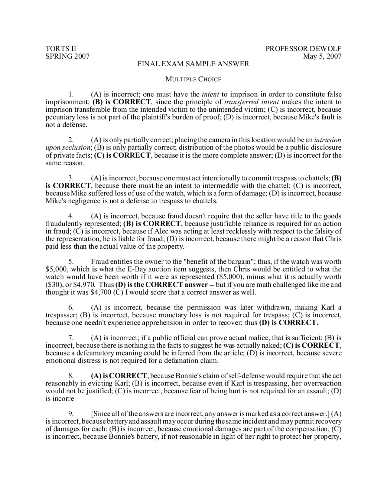 False Imprisonment Torts Law Solved Exam Docsity