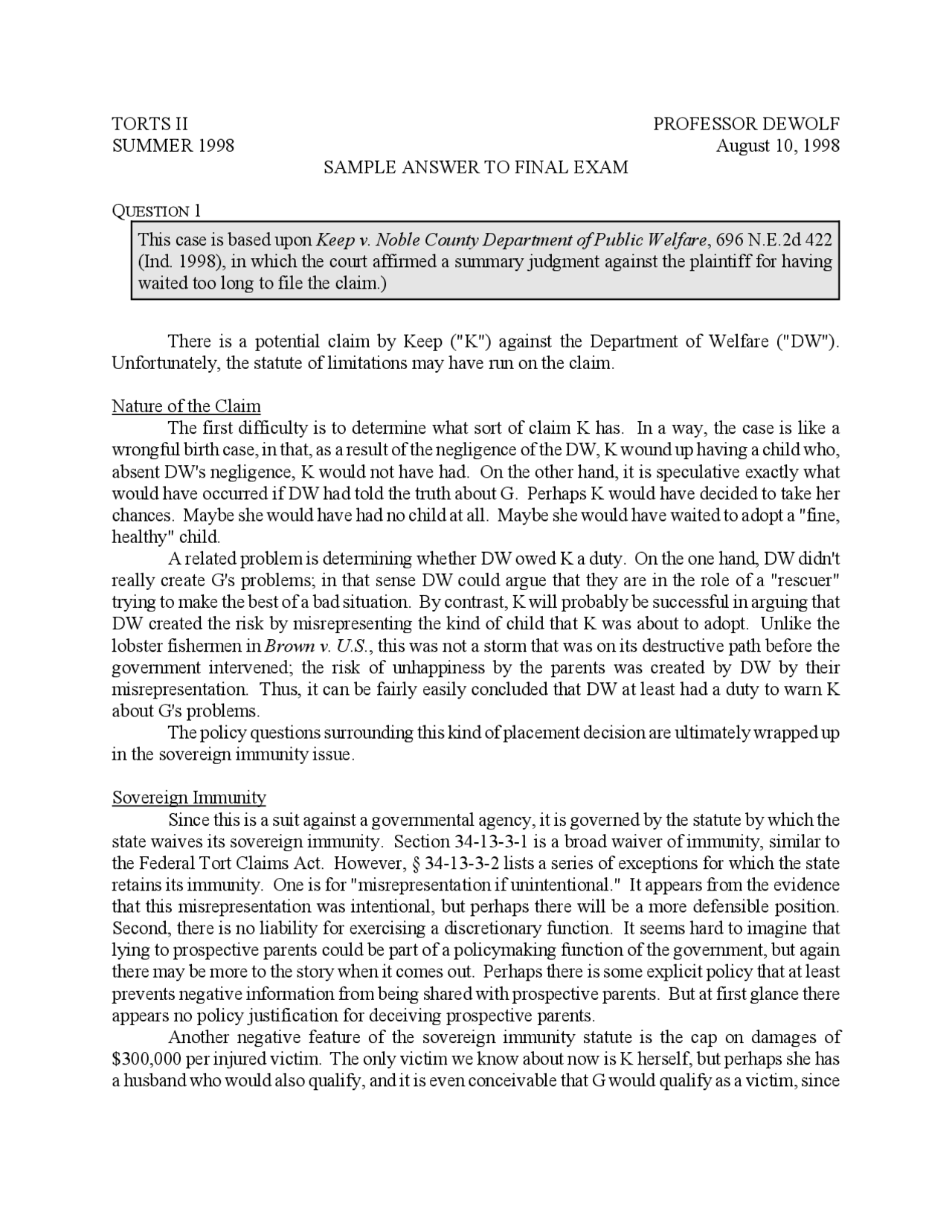 Immunity Of Governmental Entity Torts Law Solved Exam Docsity