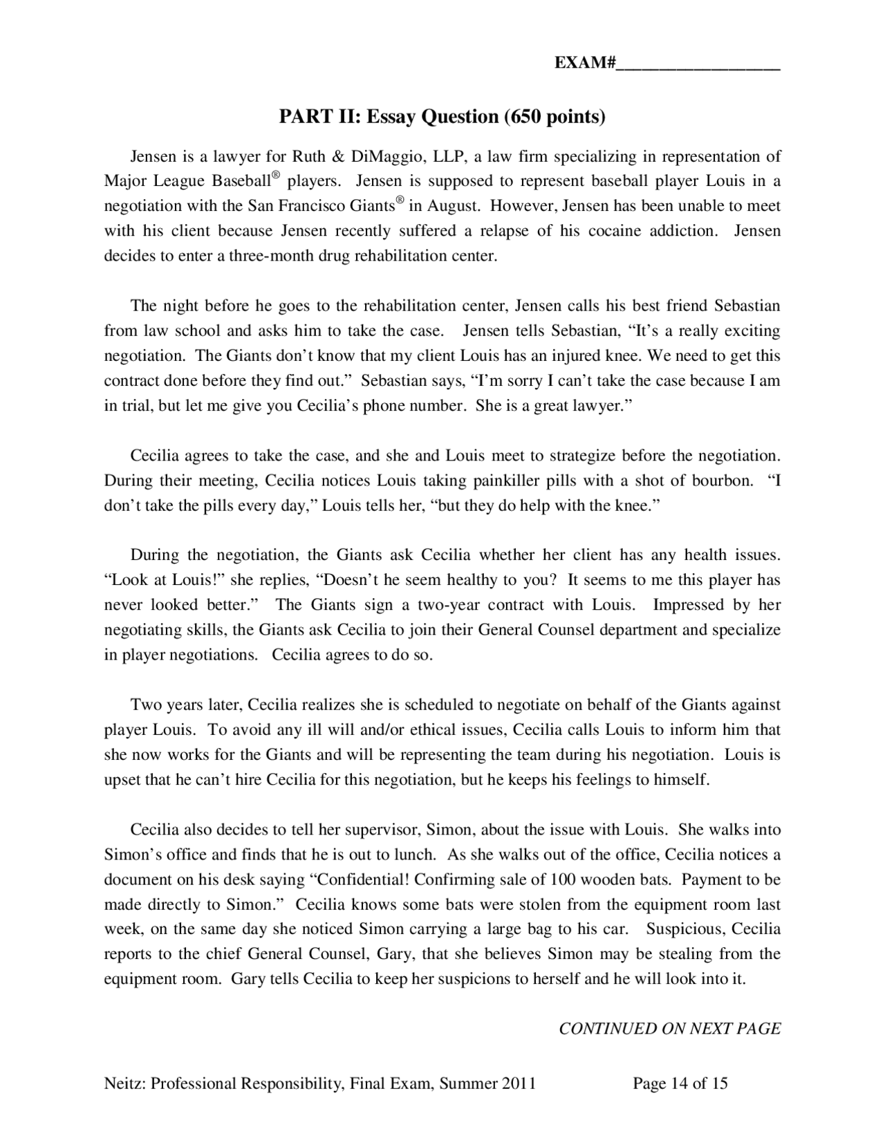 Professional Responsibility Issues Professional Responsibility Exam