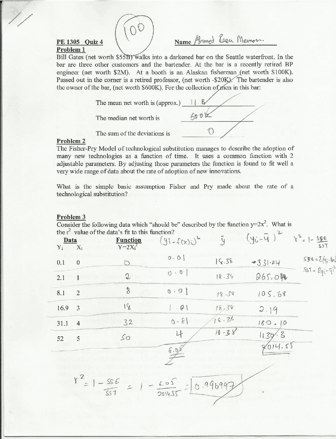 Solved Problems for Quiz 4 - Engineering Analysis I | PETR 1305 - Docsity