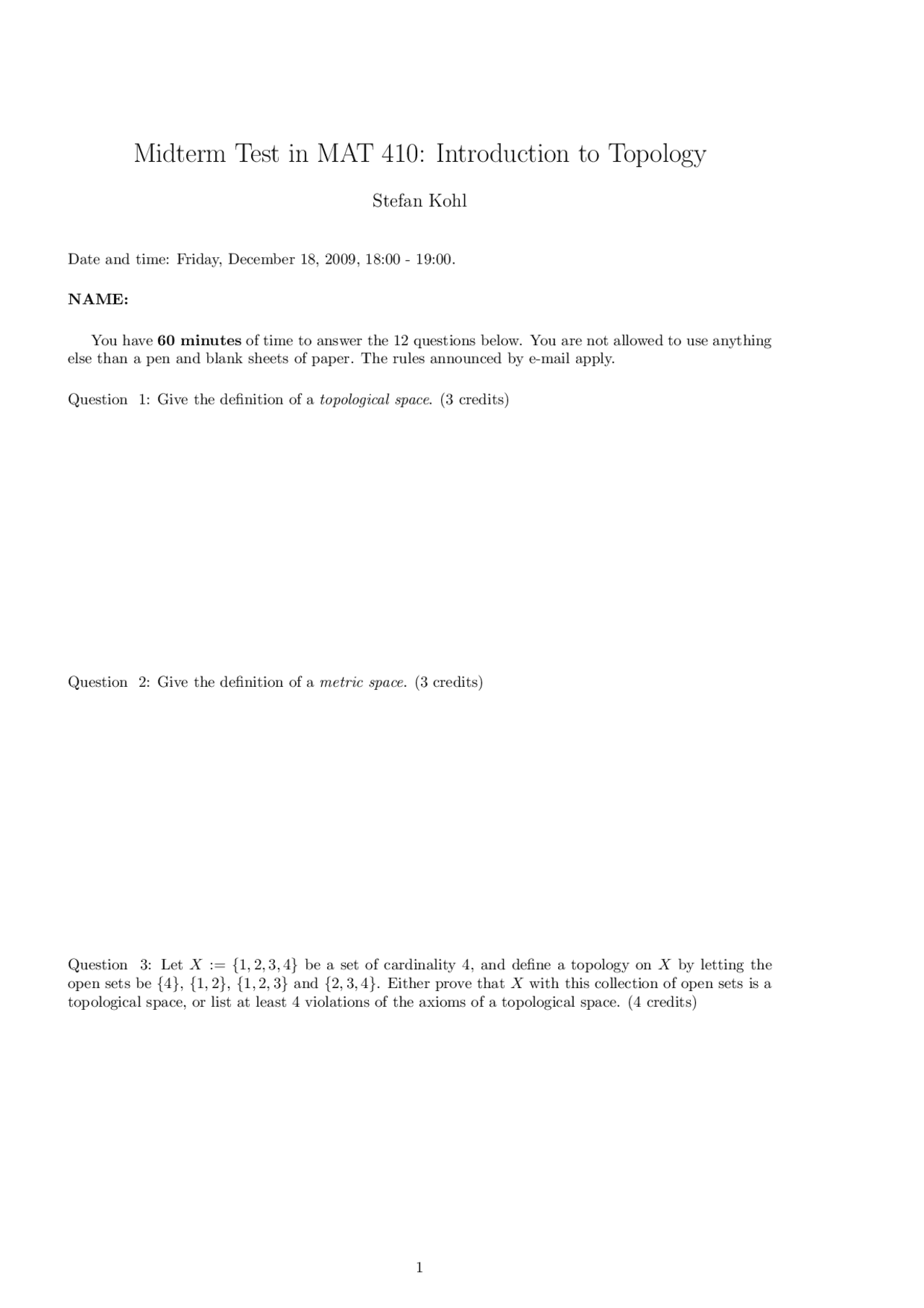 Topological Space - Introduction to Topology - Exam | Exams Designs and Groups | Docsity