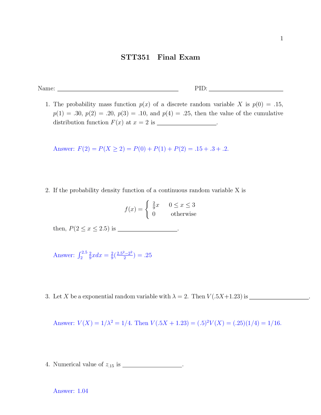 Probability Mass Function - Probablity - Exam - Docsity