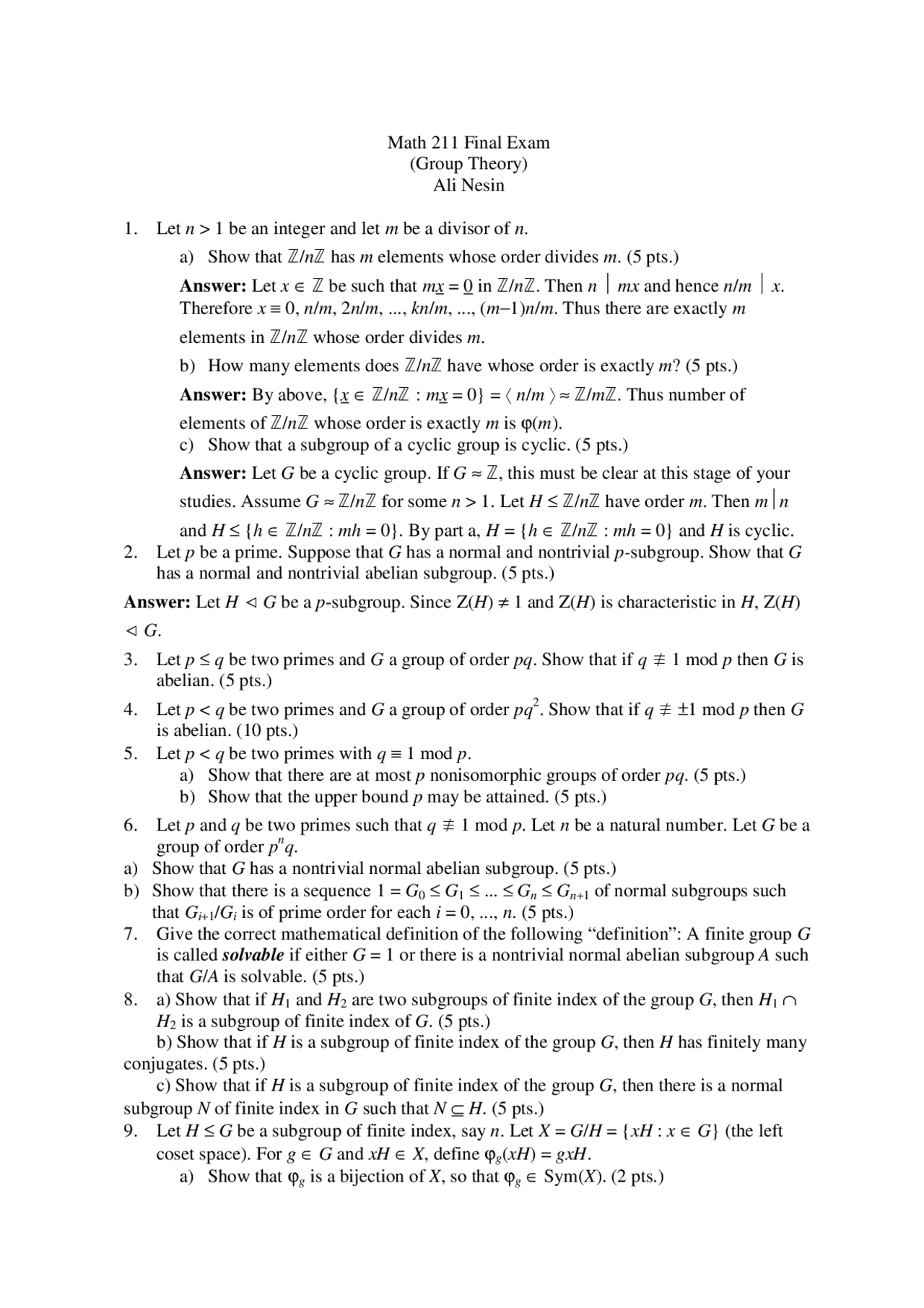 Elements Group Theory Exam Docsity