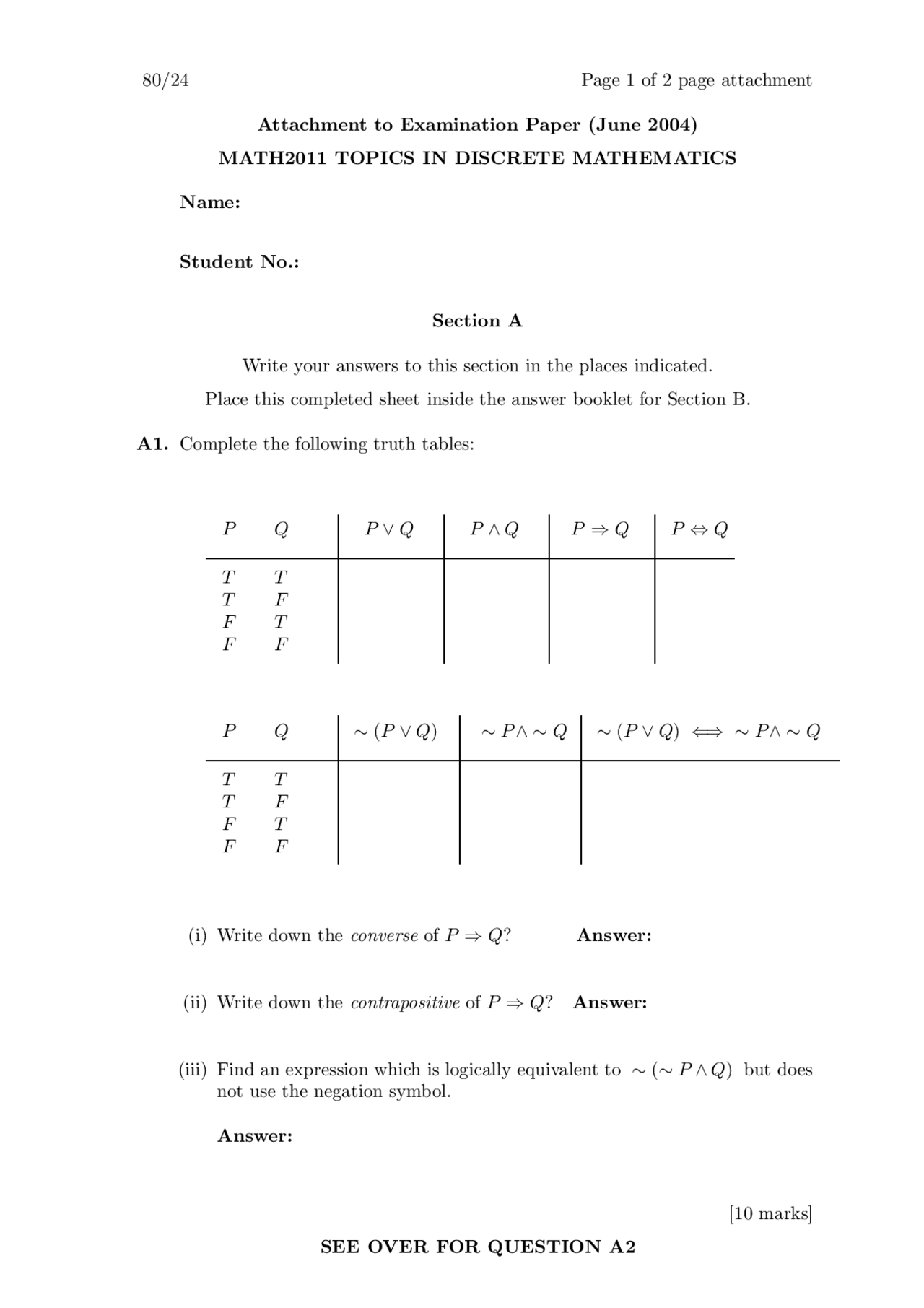 Truth Tables - Discrete Mathematics and Graph Theory - Exam | Exams ...