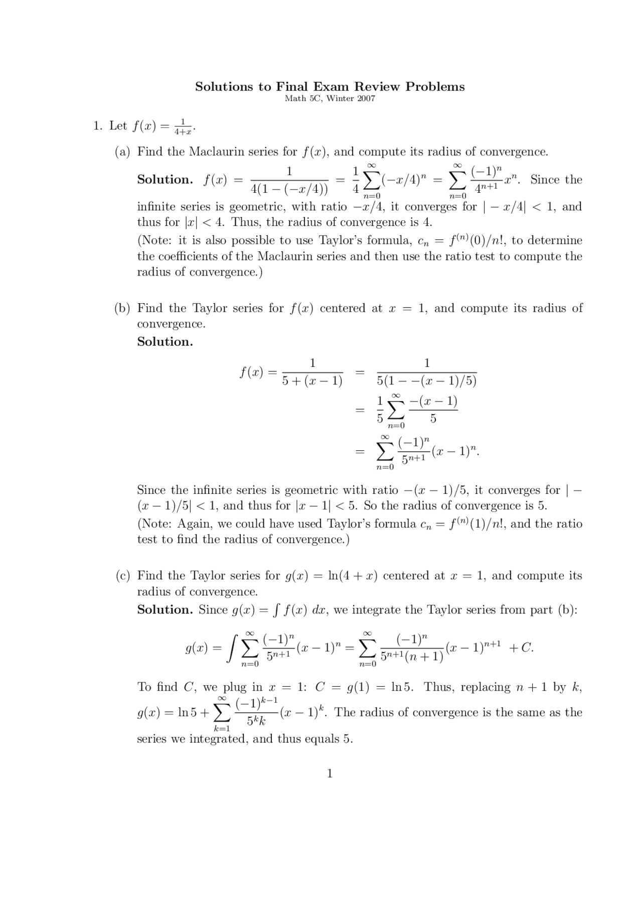 Radius Of Convergence Fourier Analysis Exam Docsity