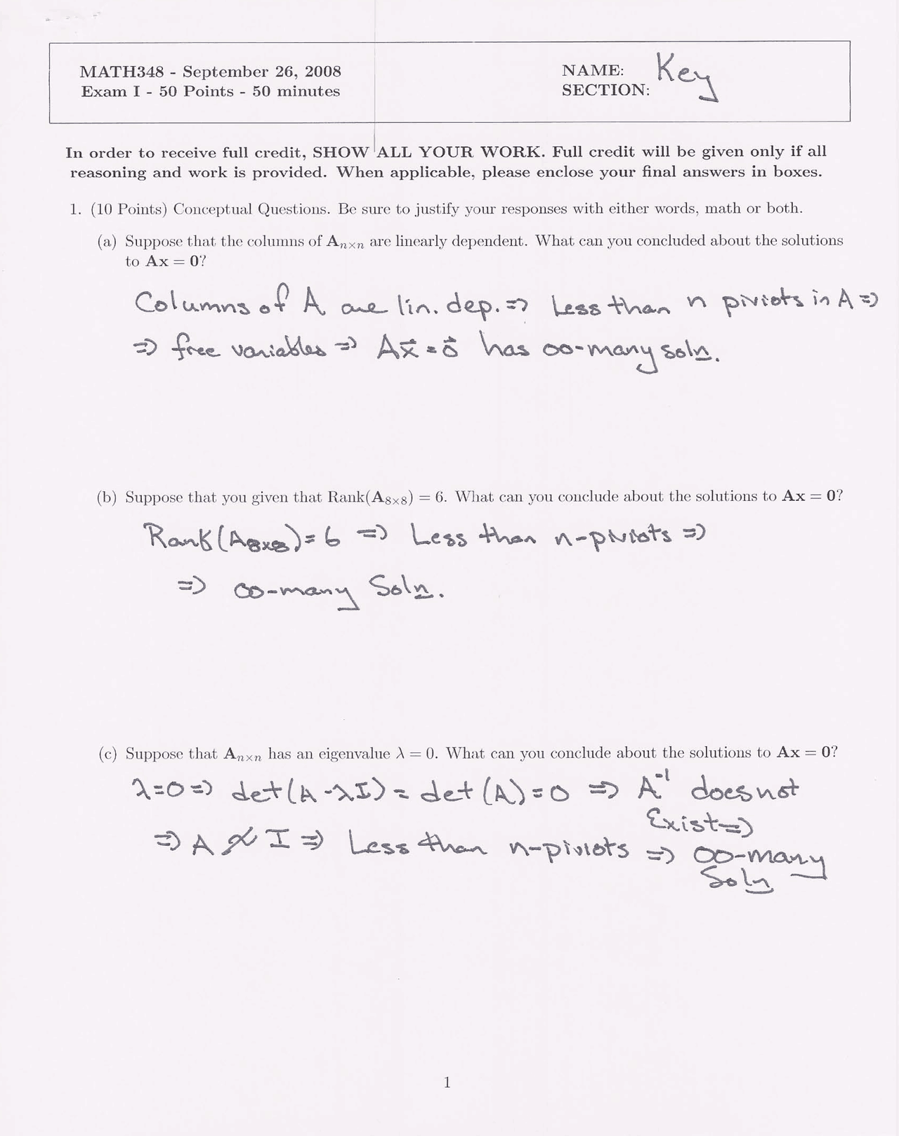 Conceptual Questions Linear Algebra Exam Solution Docsity