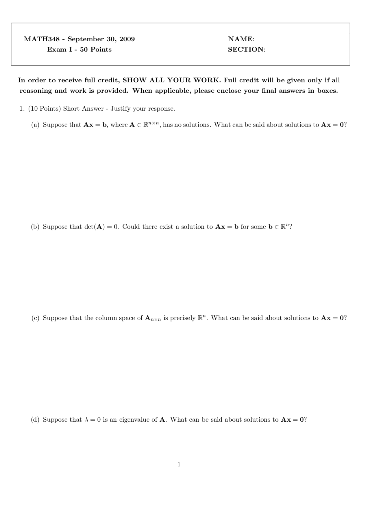 Solutions Linear Algebra Solved Exam Docsity