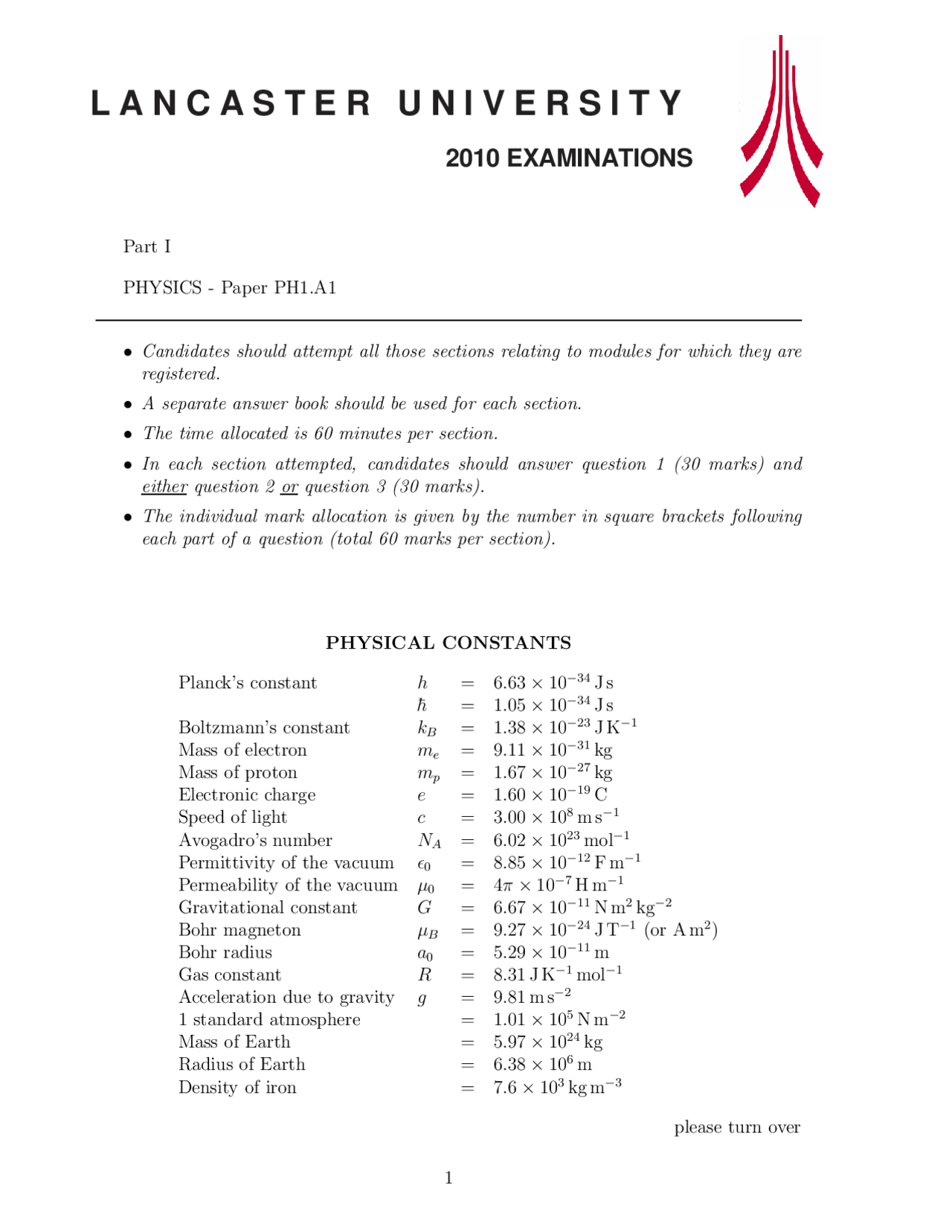 Lancaster University 2010 Examinations - Physics Exam (PH1.A1 ...