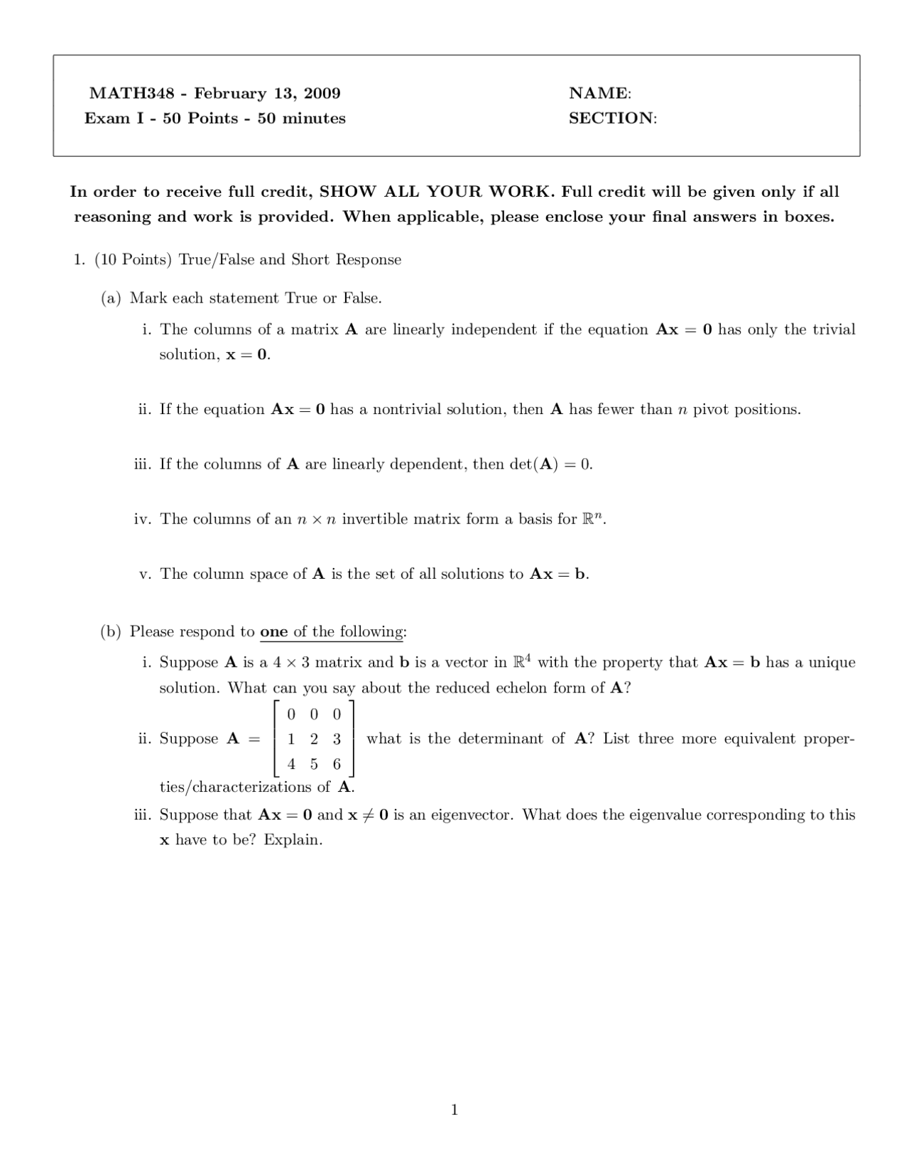 Linearly Independent Linear Algebra Solved Exam Docsity