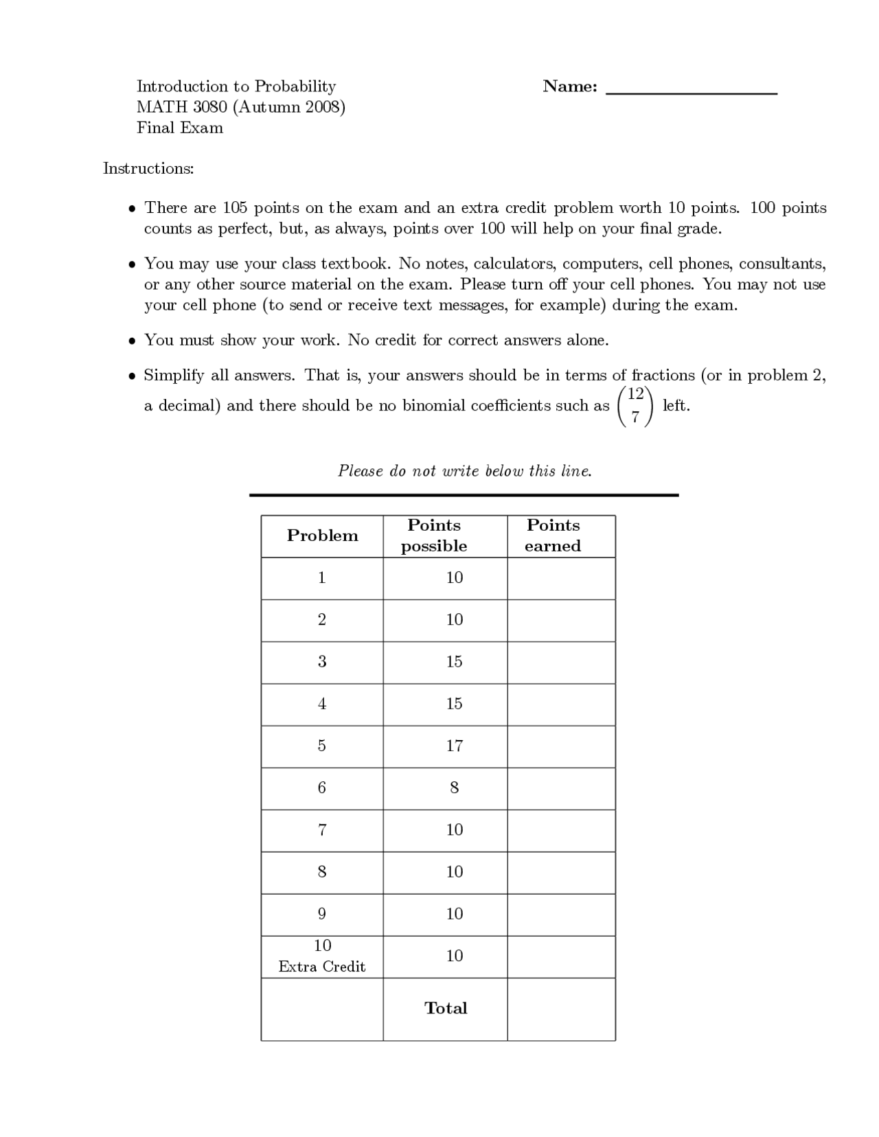 Binomial Coefficients Probablity Exam Docsity