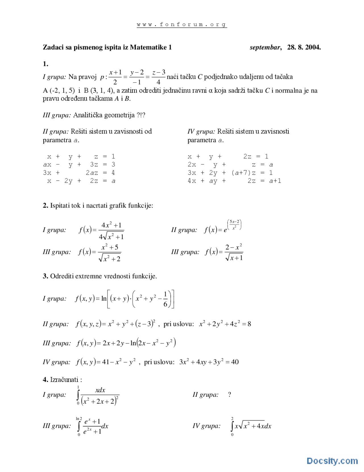 Matematika 1 - Ispit - Fakultet organizacionih nauka | Ispiti' predlog Matematika - Docsity