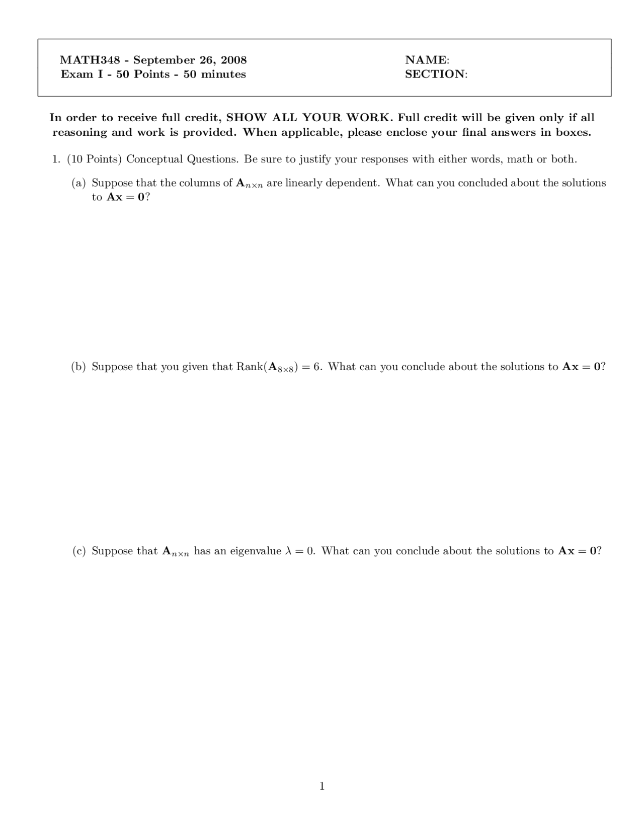 Conceptual Questions Linear Algebra Solved Exam Docsity
