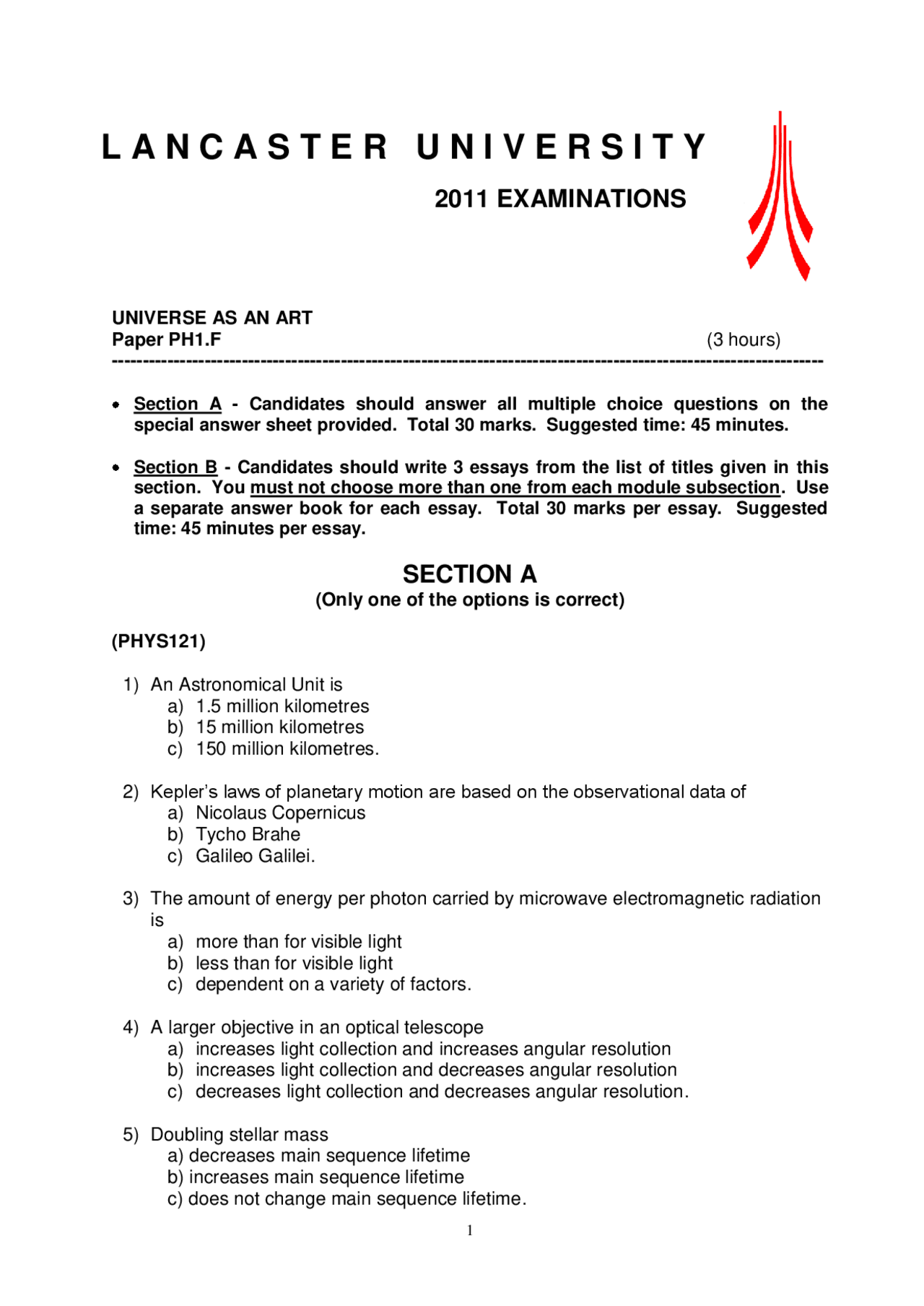 Astronomical Unit Physics Past Exam Docsity