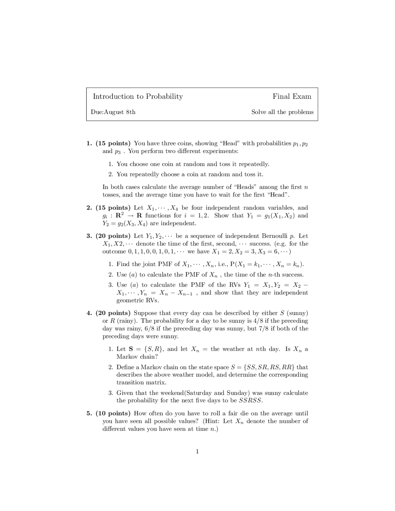 Different Experiments Probablity Exam Docsity
