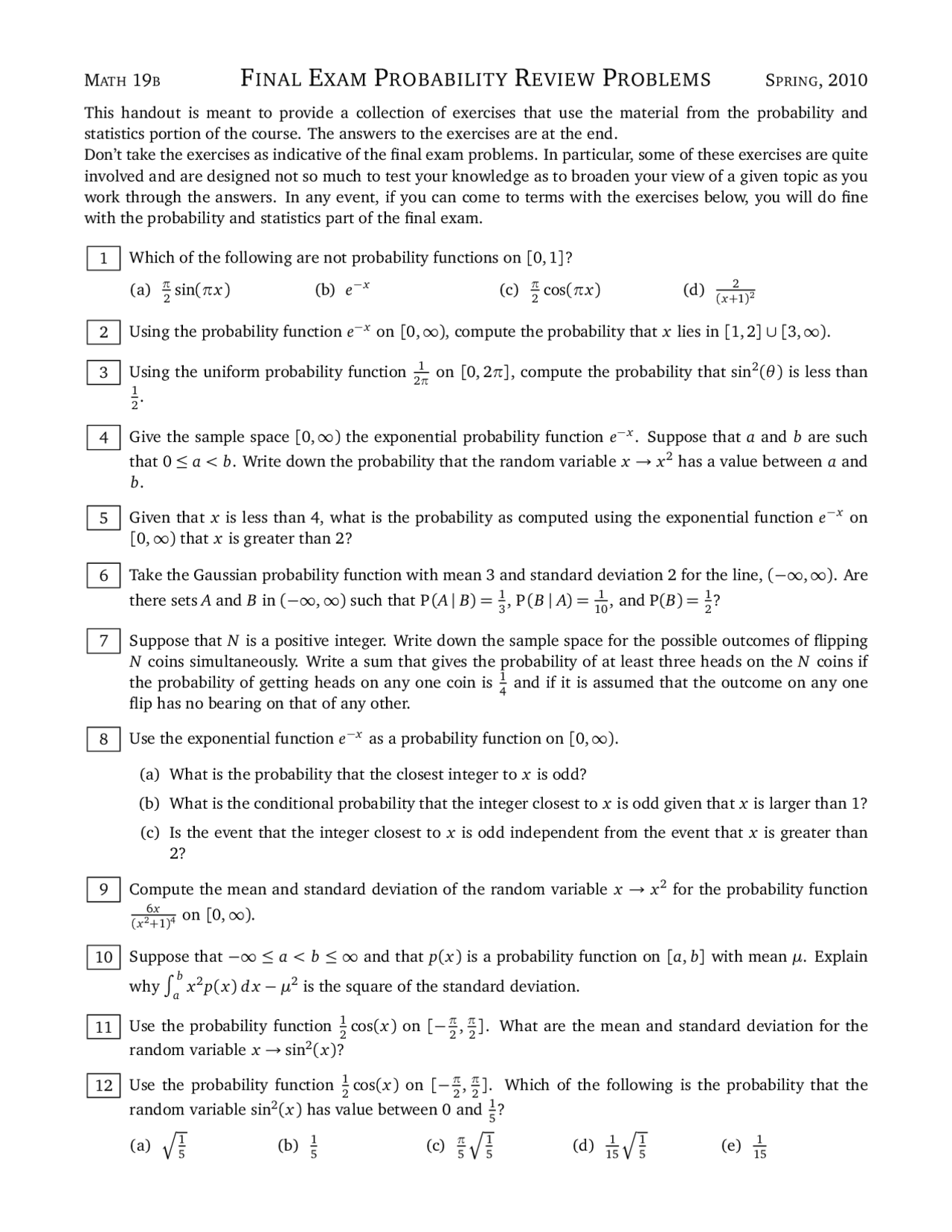 Uniform Probability Function - Probablity - Exam - Docsity
