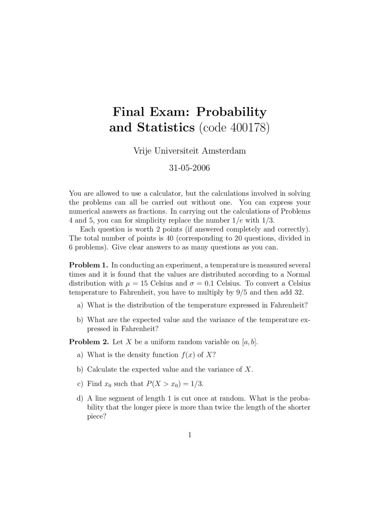 Values Are Distributed Probablity Exam Docsity