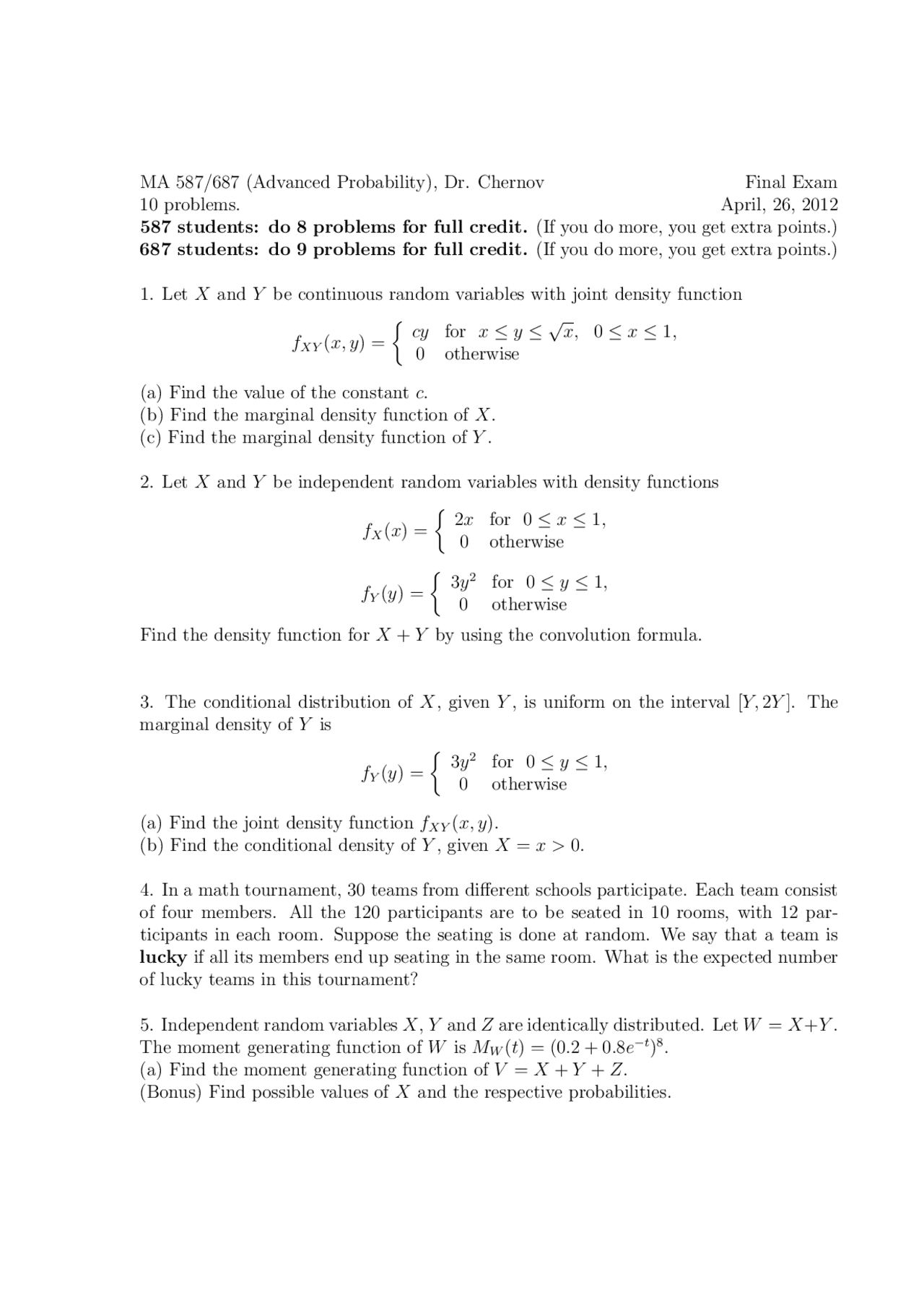 Continuous Random Variables - Probablity - Exam | Exams Probability and Statistics | Docsity