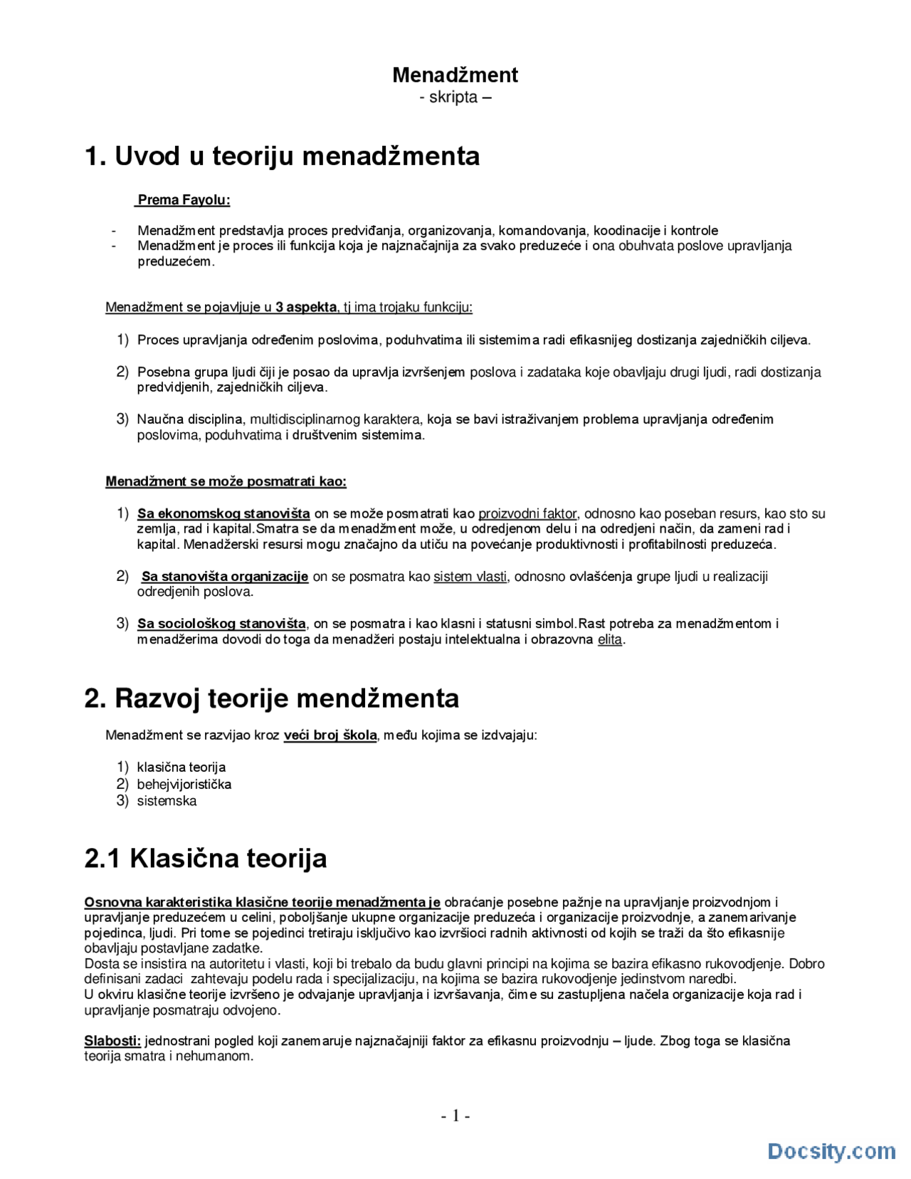 Menadzment deo 1 - Skripta - Fakultet organizacionih nauka | Rezime' predlog Business Management ...
