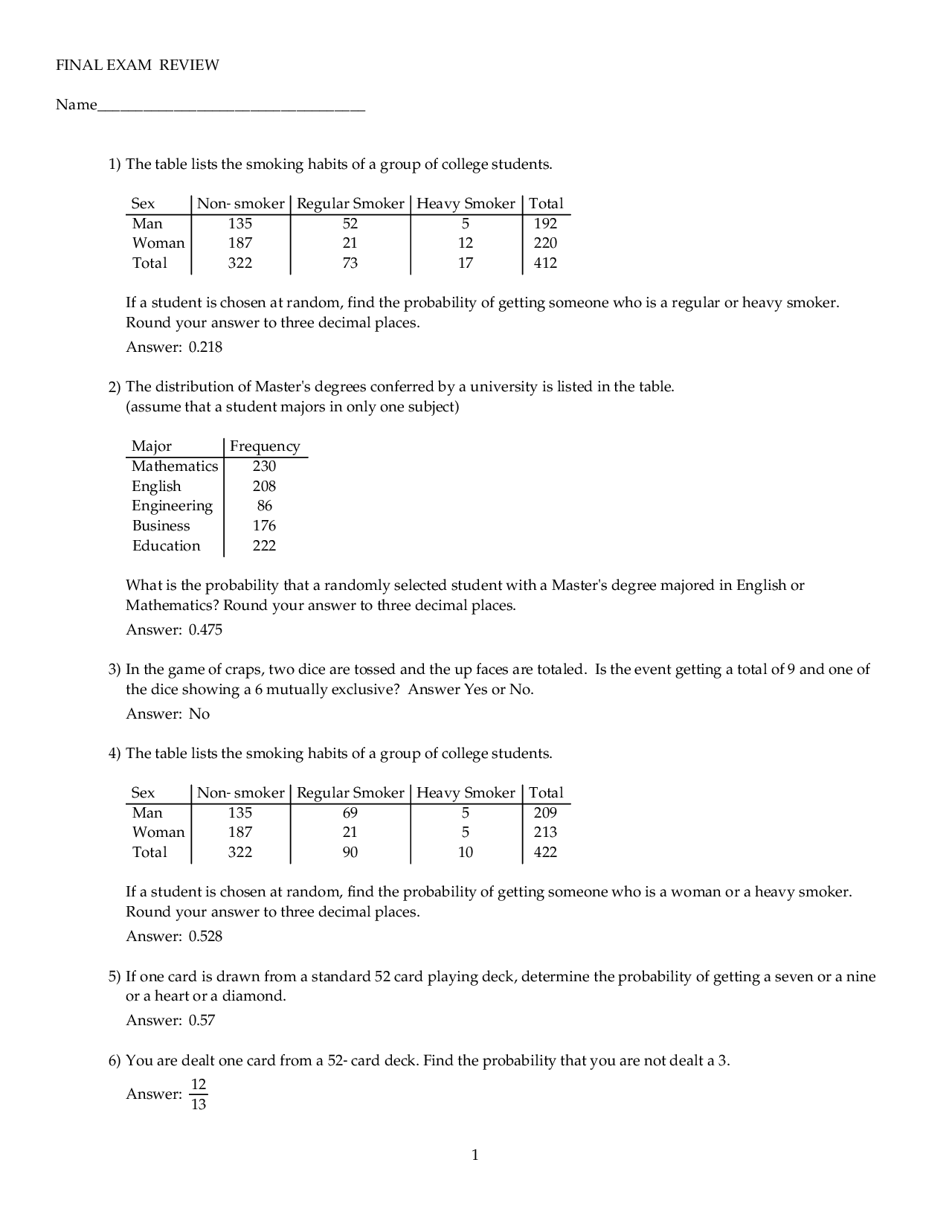 Table Lists - Probablity - Exam | Exams Probability and Statistics | Docsity