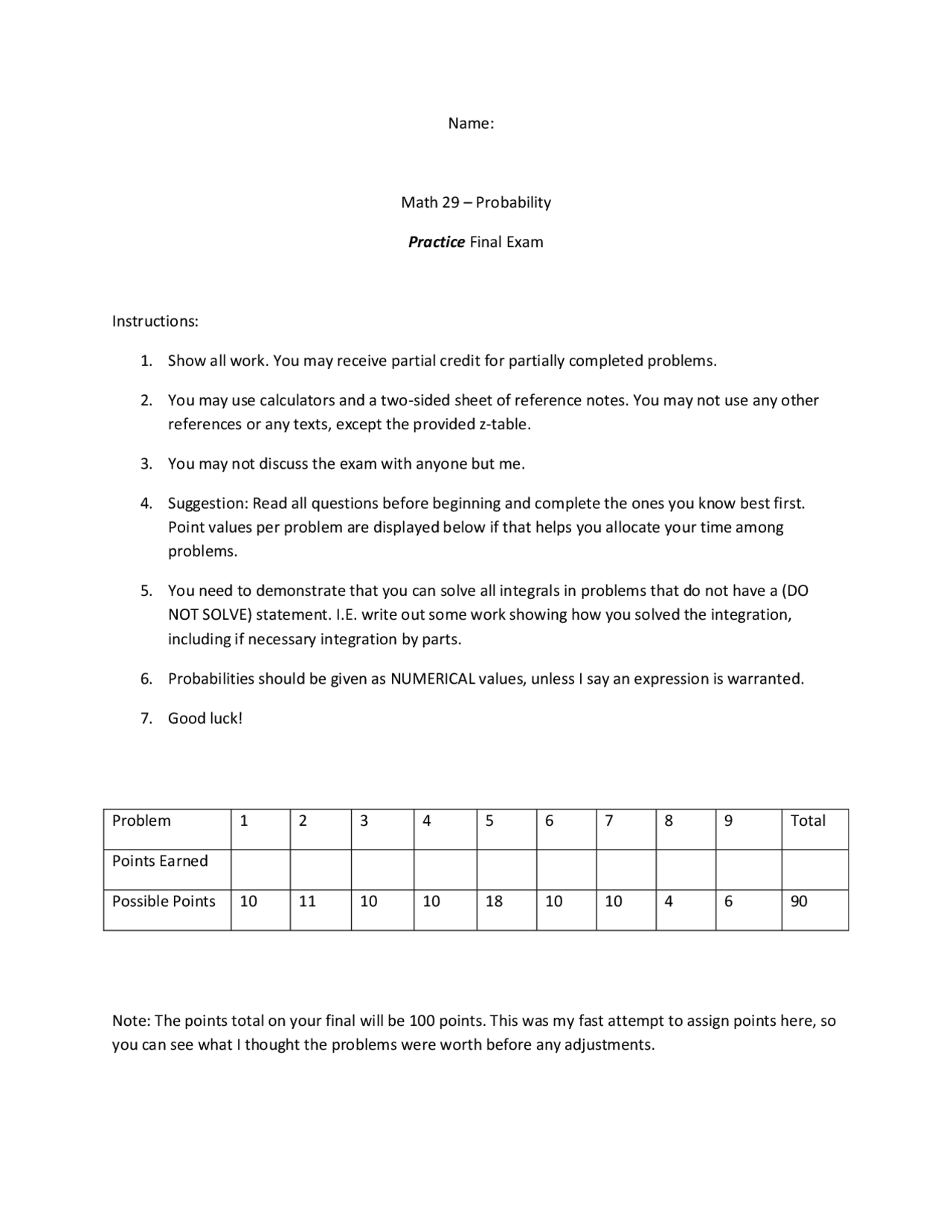Randomly Selected Probablity Exam Docsity