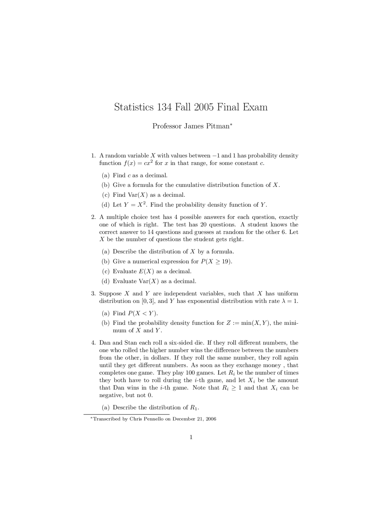 Decimal Probablity Exam Docsity