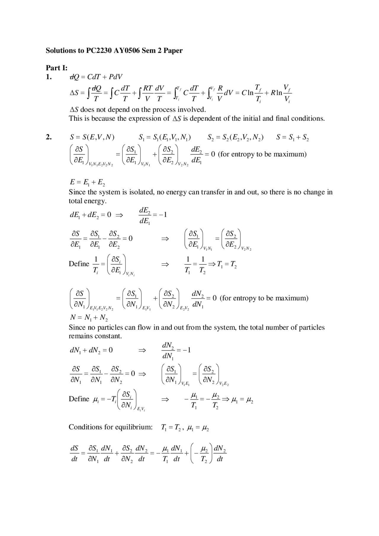 Initial and Final Conditions - Statistical Mechanics and Thermodynamics - Solved Exam - Docsity