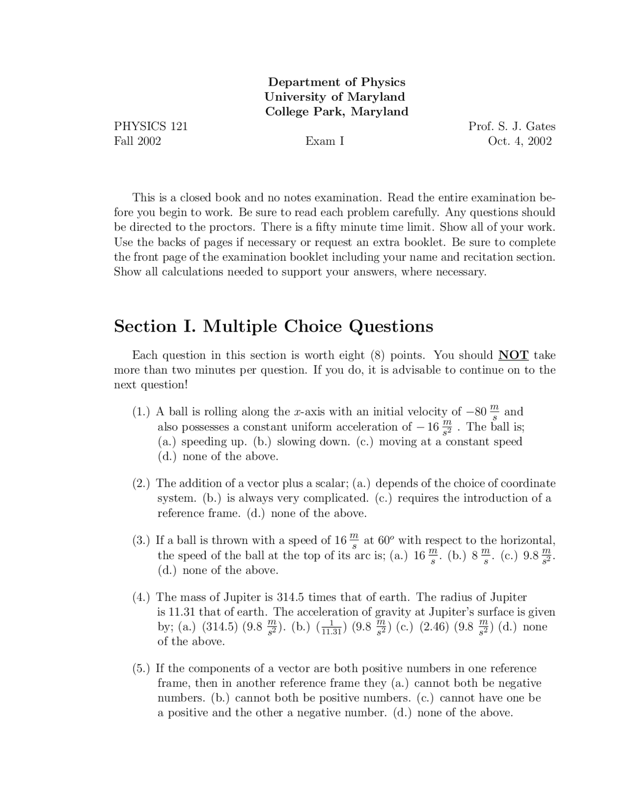 Constant Uniform Acceleration - Fundamental of Physics - Past Paper - Docsity