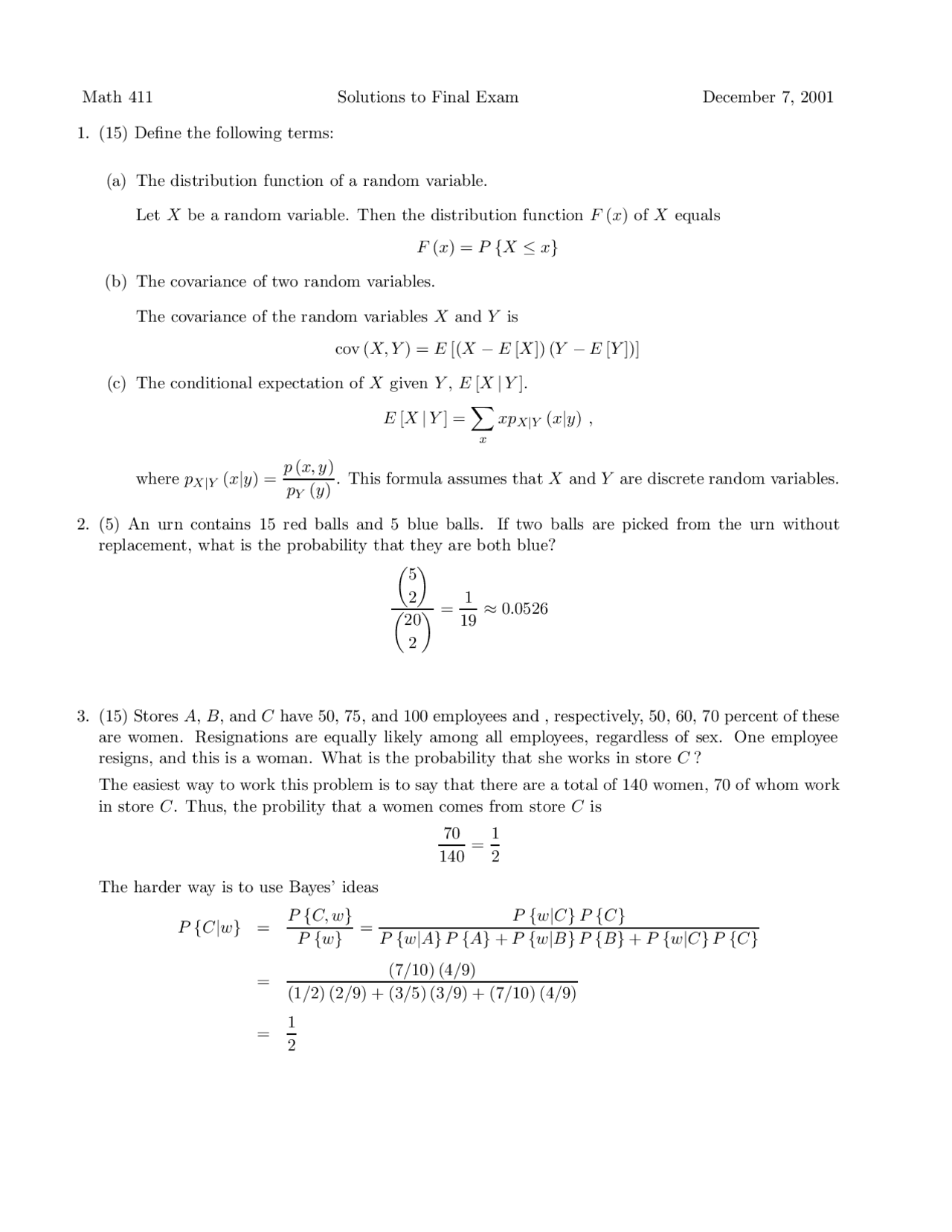 Random Variables Probablity Exam Docsity