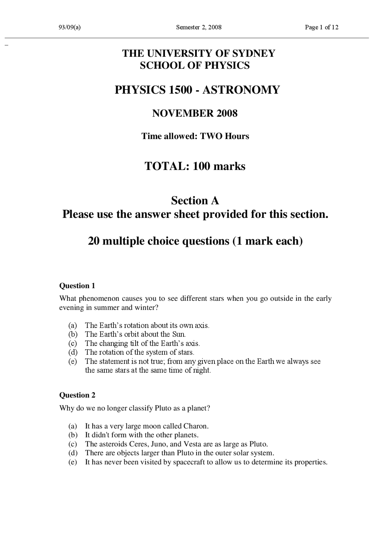 Solar System Physics And Astronomy Past Exam Exams Physics Docsity