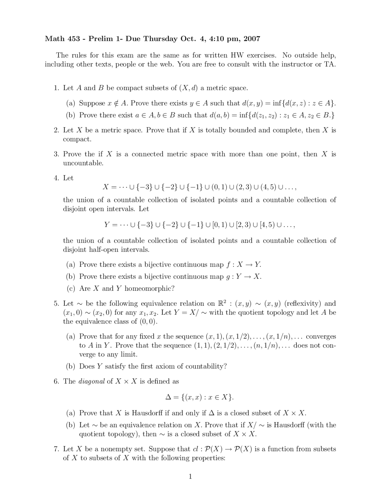 Totally Bounded - Introduction to Topology - Exam - Docsity
