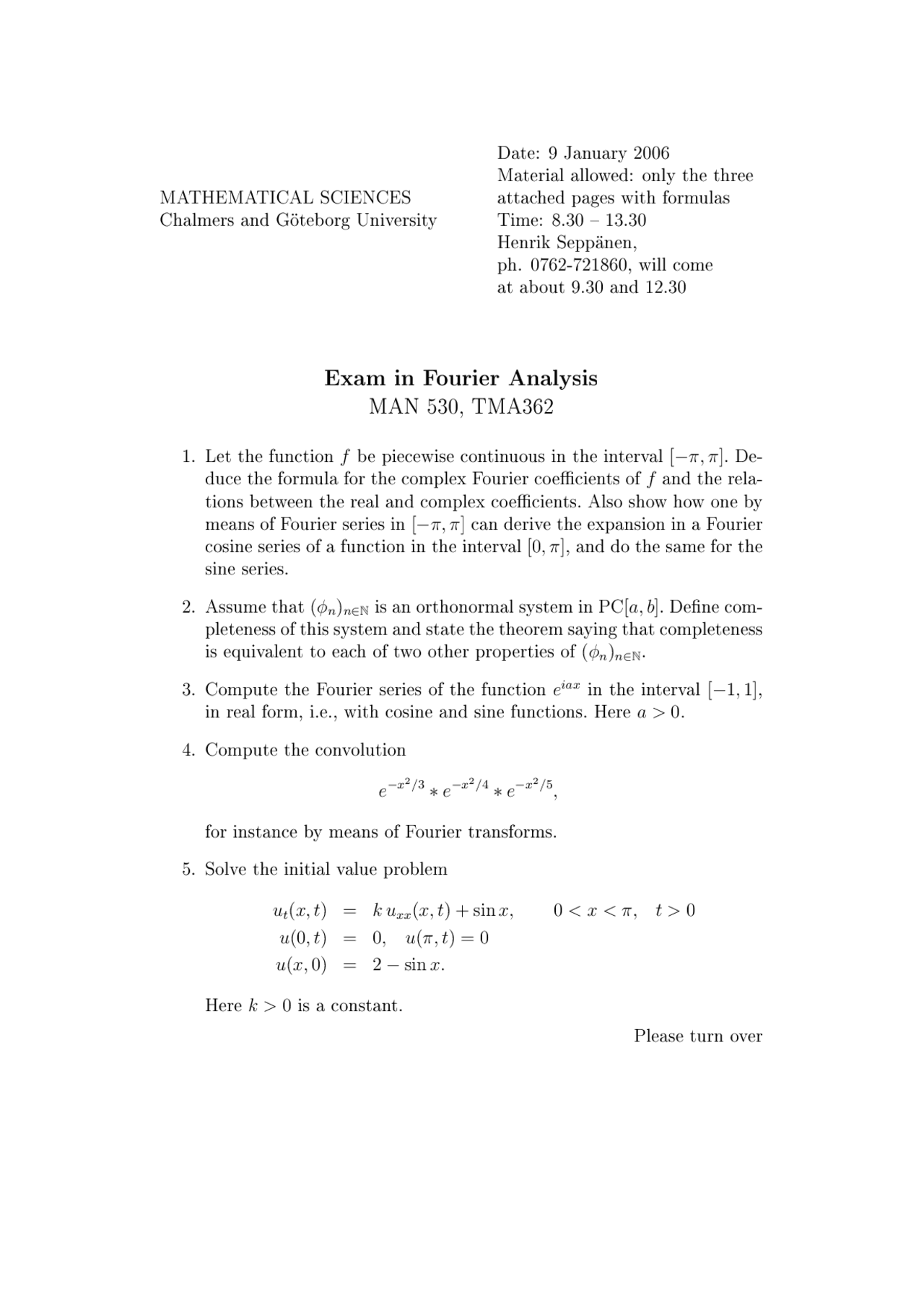 Fourier Analysis Exam: Complex Coefficients, Series, Convolution, PDE ...