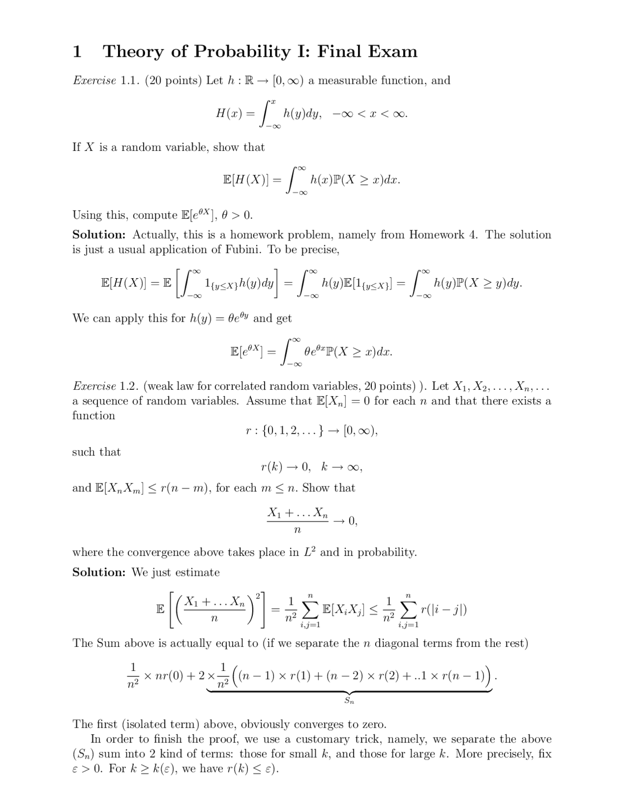 Probability Theory Exam Solutions: Exercise 1 Solutions | Exams Probability and Statistics | Docsity