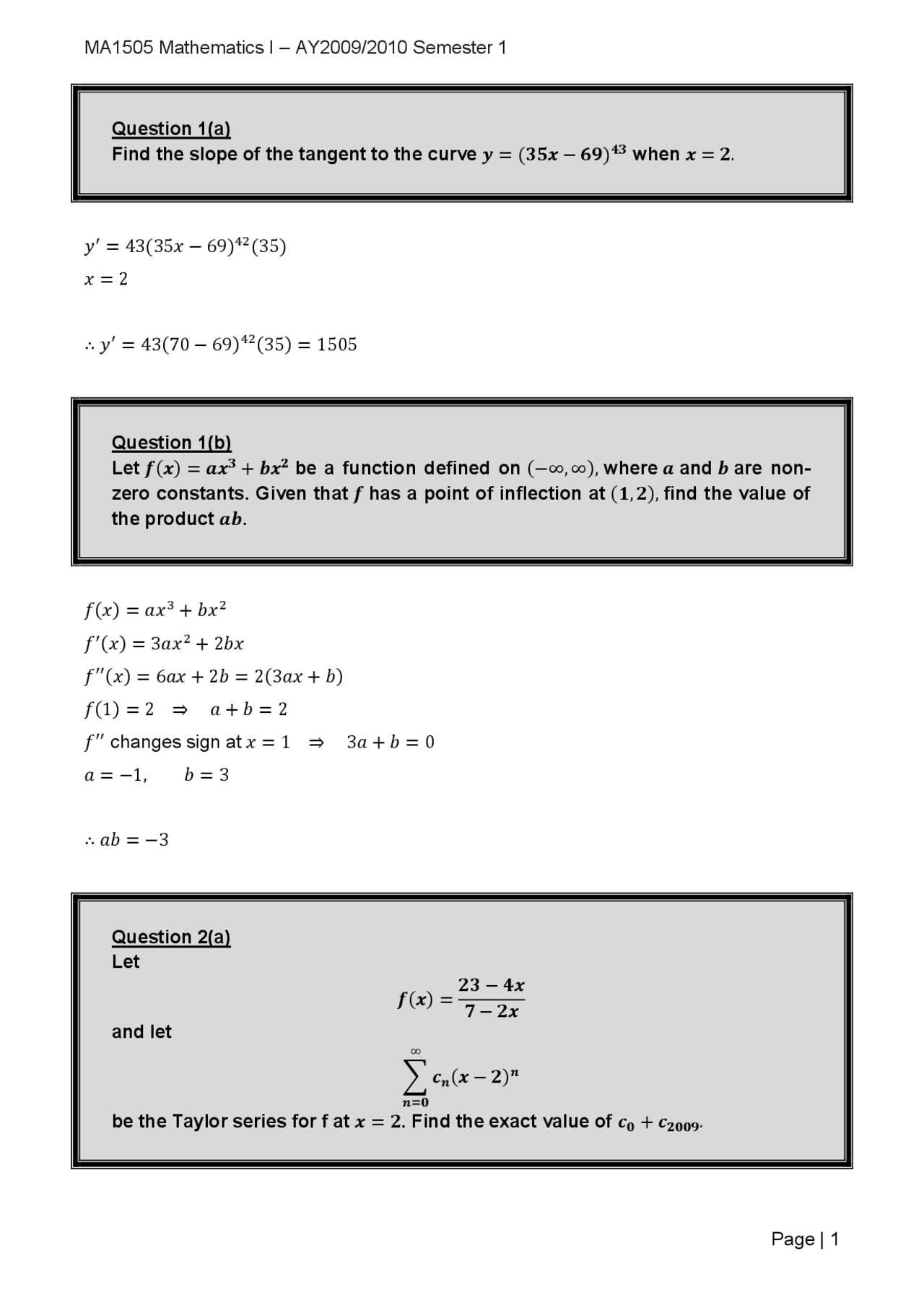 Point of Inflection - Mathematics - Solved Past Exam - Docsity