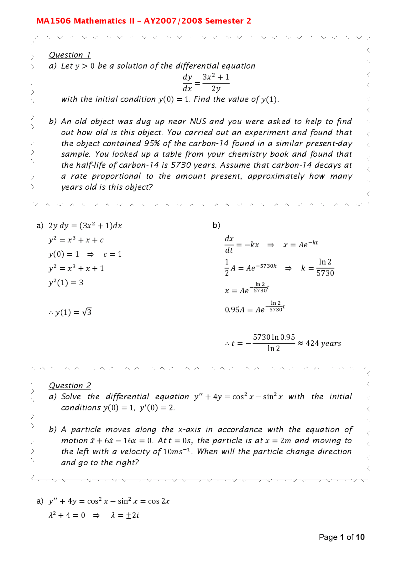 Solution Of Differential Equation Mathematics Solved Past Exam