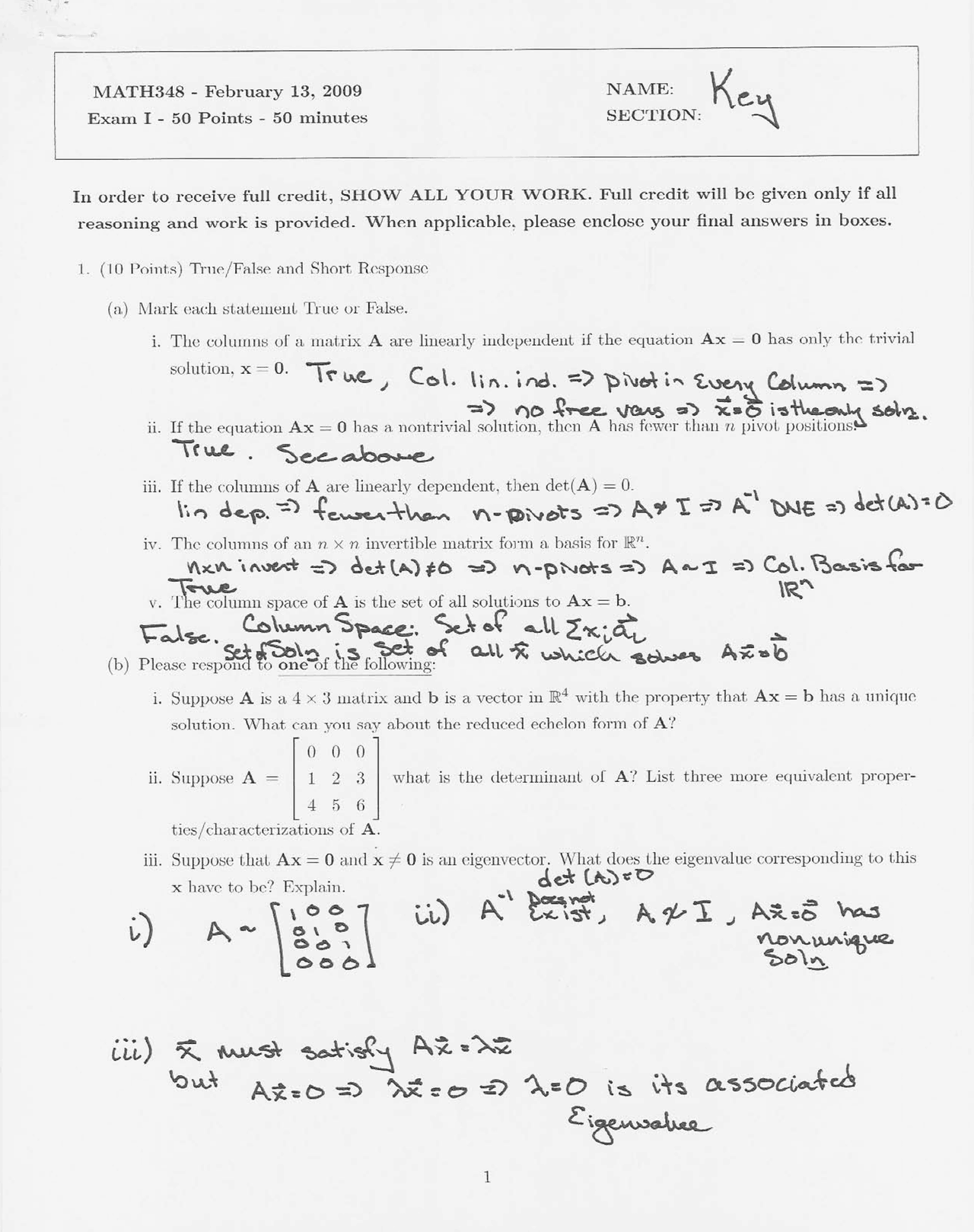 Linearly Independent Linear Algebra Exam Solution Docsity