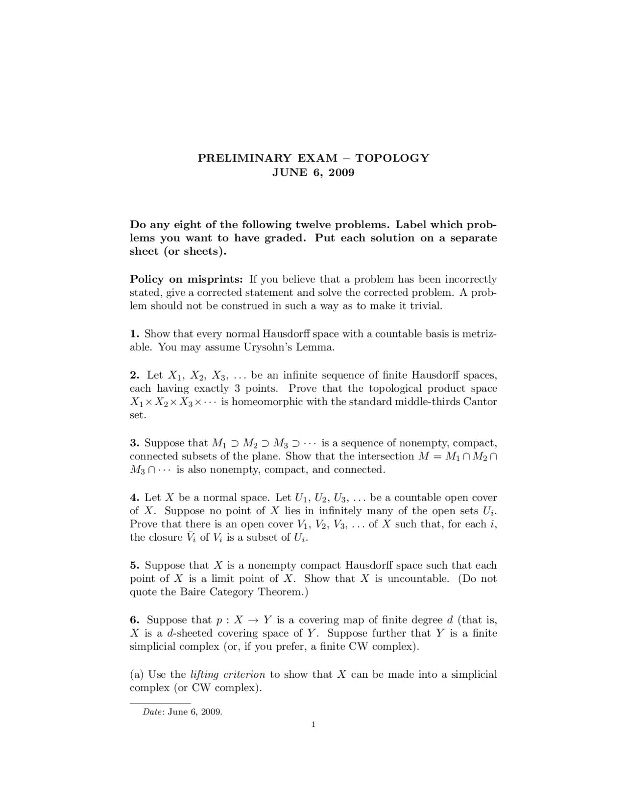 Infinite Sequence Topology Exam Docsity