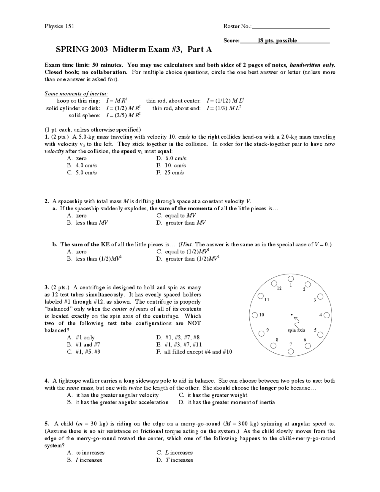 Moments of Inertia - Mechanics - Past Paper | Exams Mechanics - Docsity