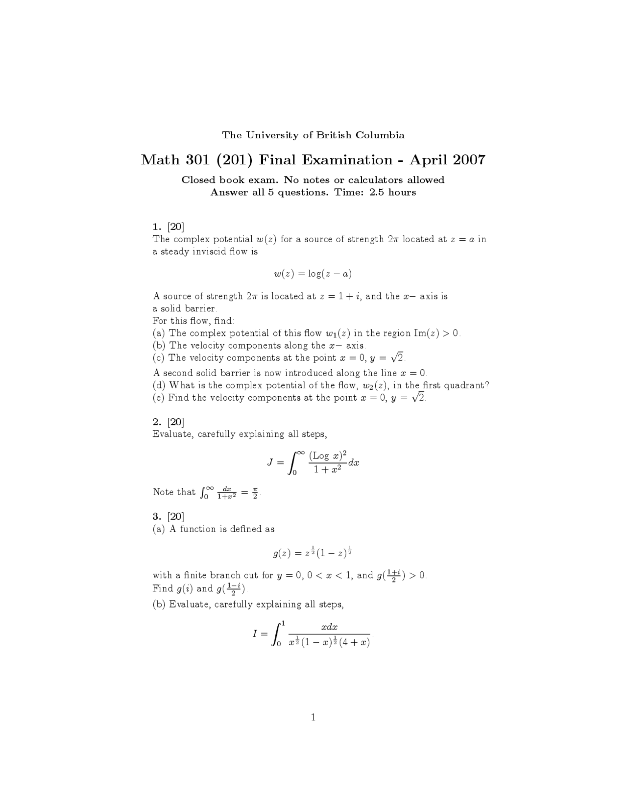 Complex Potential - Mathematics - Exam - Docsity
