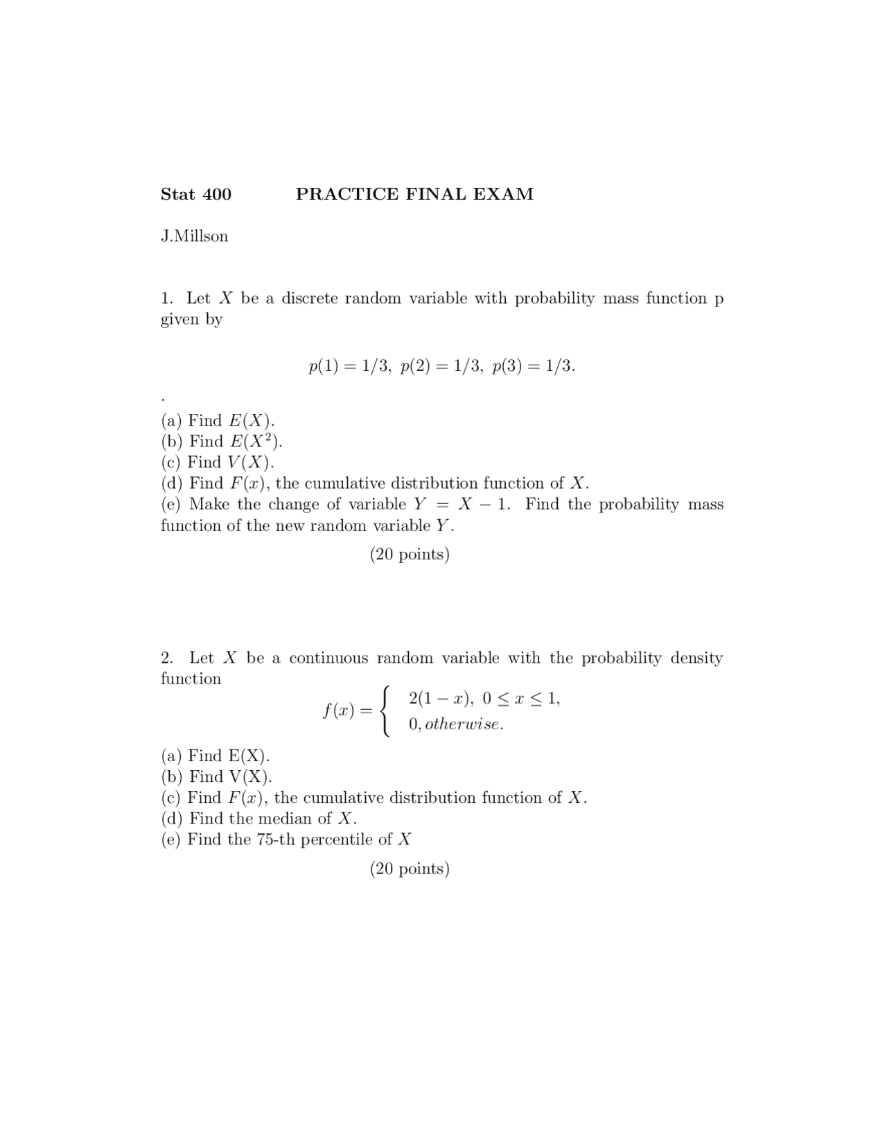 Median - Probability - Exam - Docsity