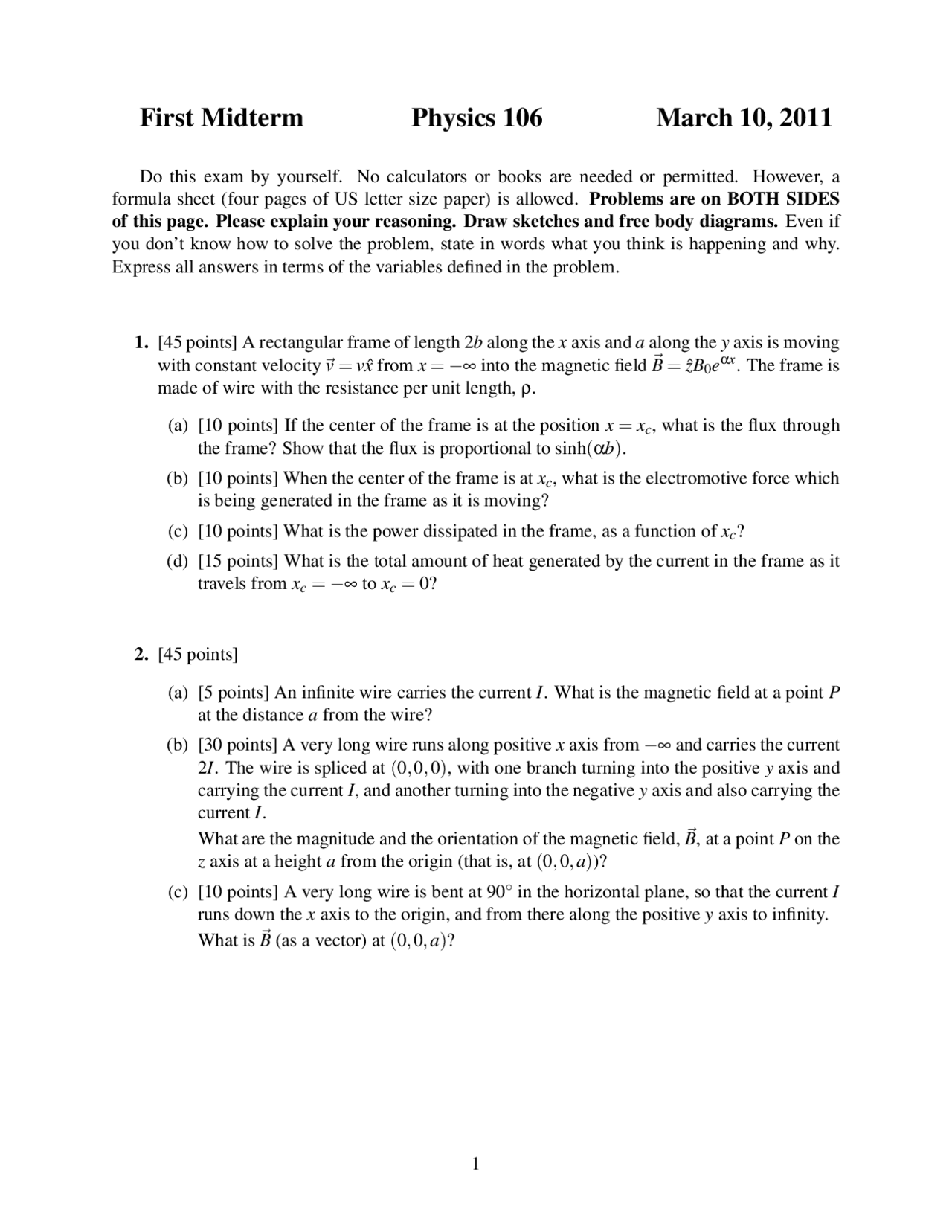 Rectangular Frame Of Length Electricity And Magnetism Past Exam