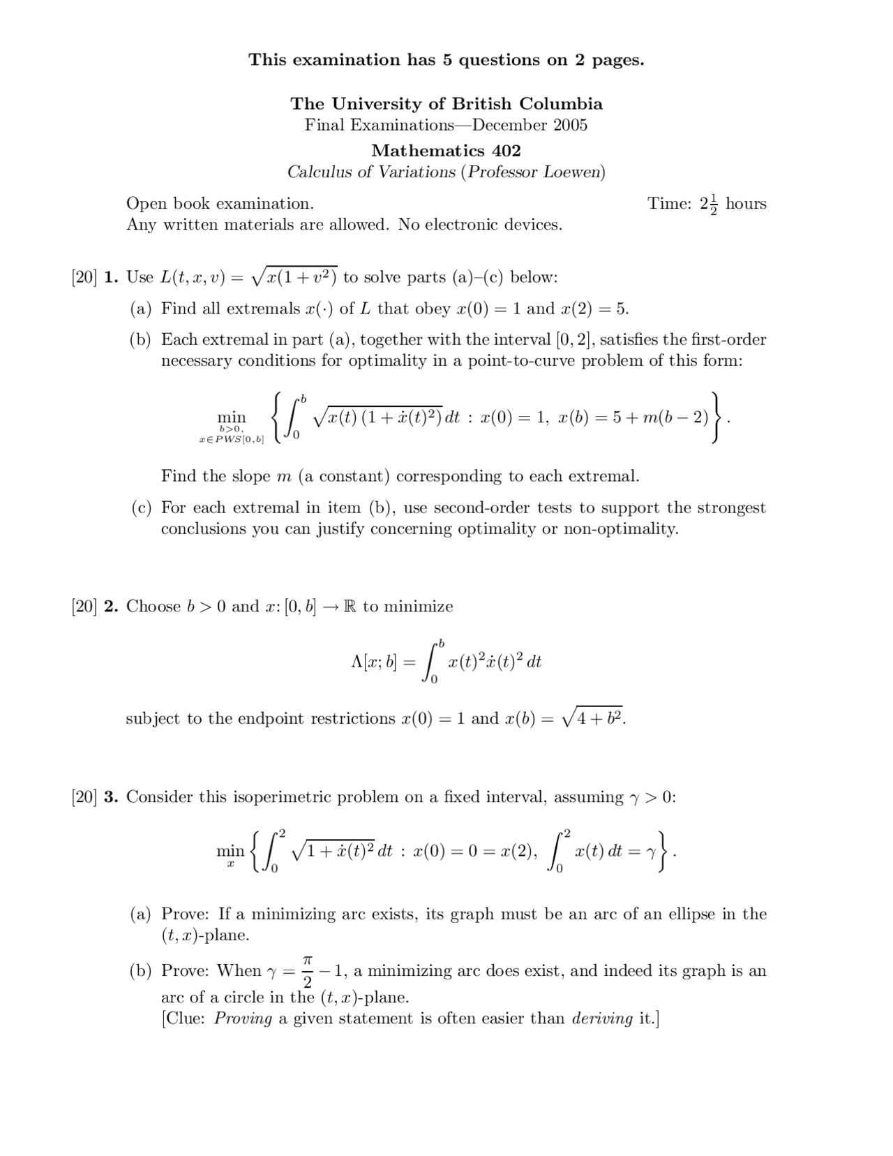 Extremals Calculus Of Variations Exam Exams Calculus Docsity
