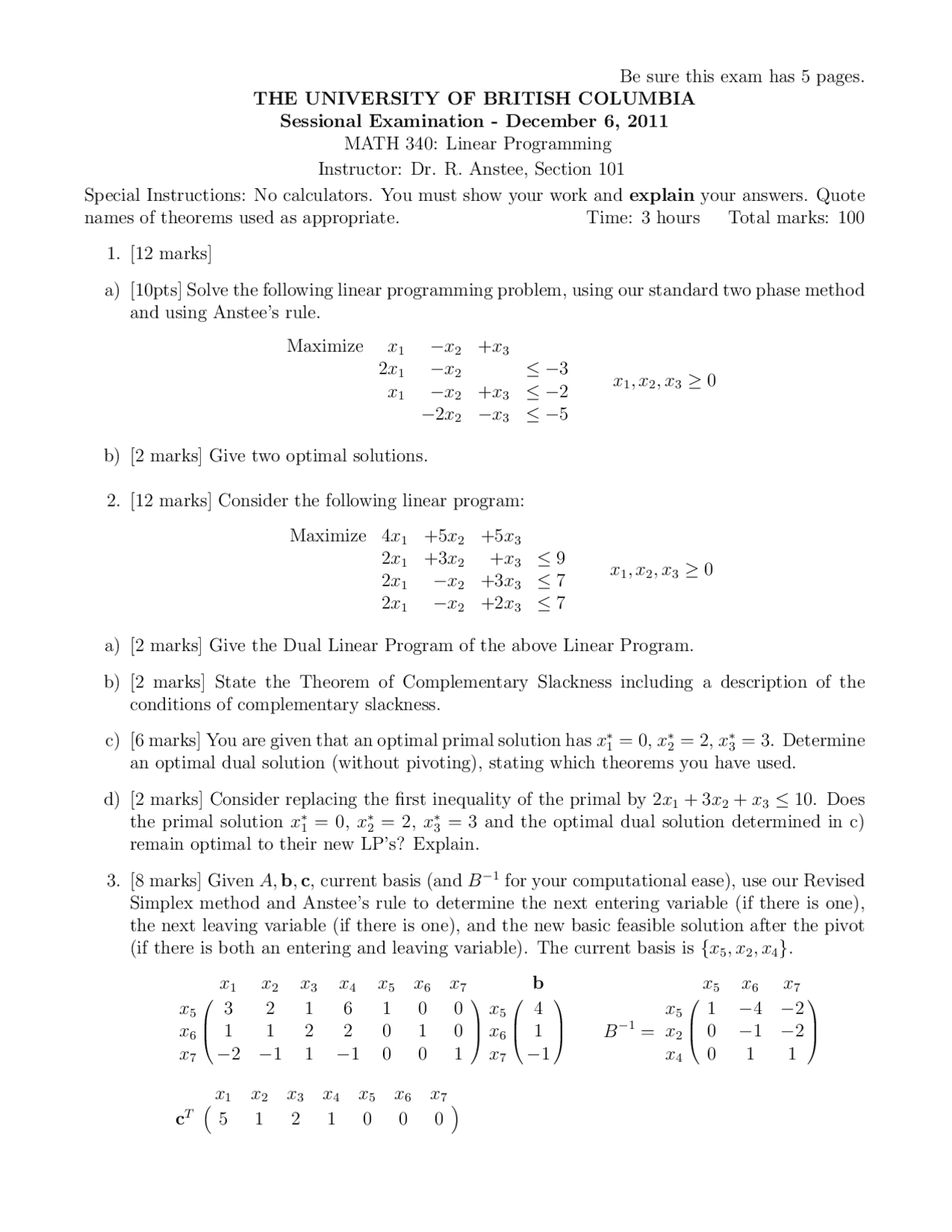 Standard Two Phase - Linear Programming - Exam - Docsity