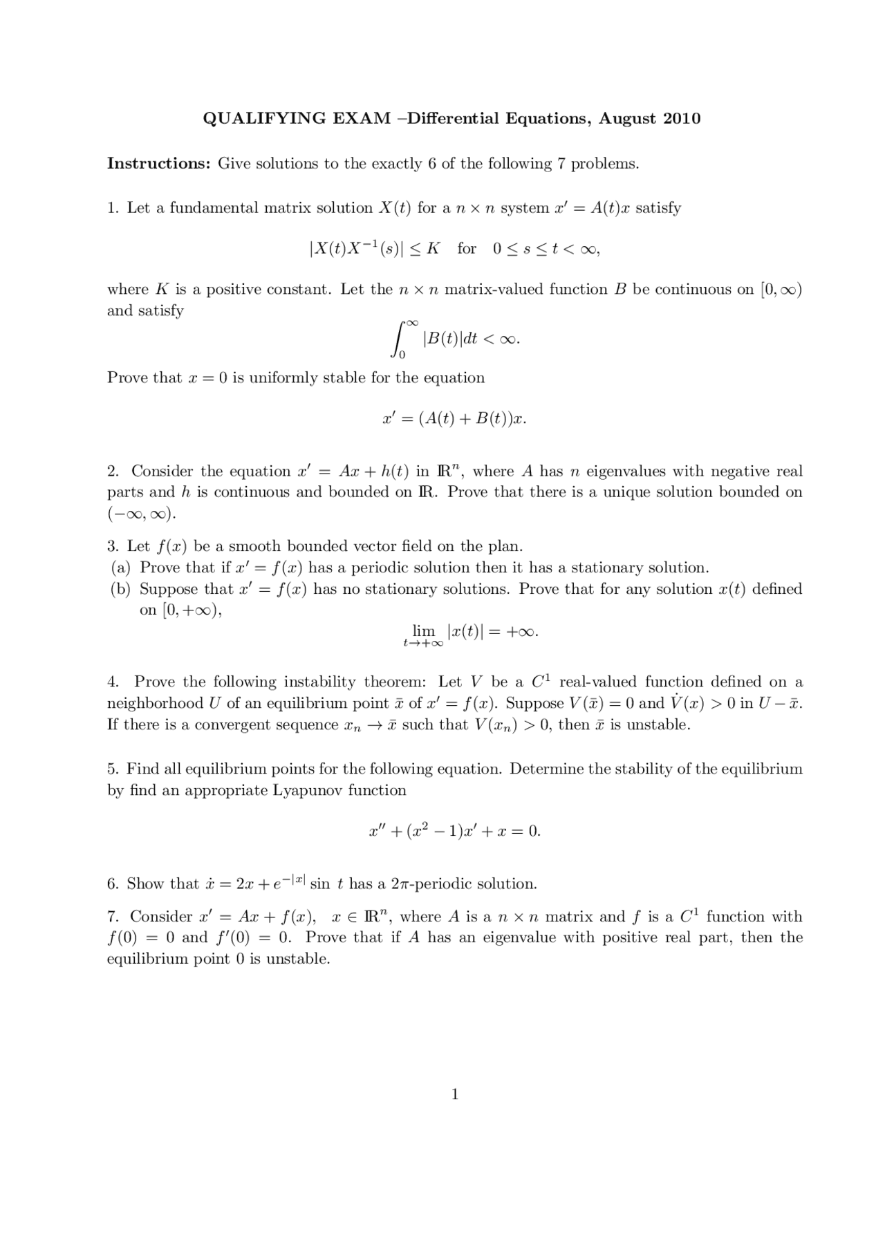 Uniformly Stable - Applied Math - Exam - Docsity