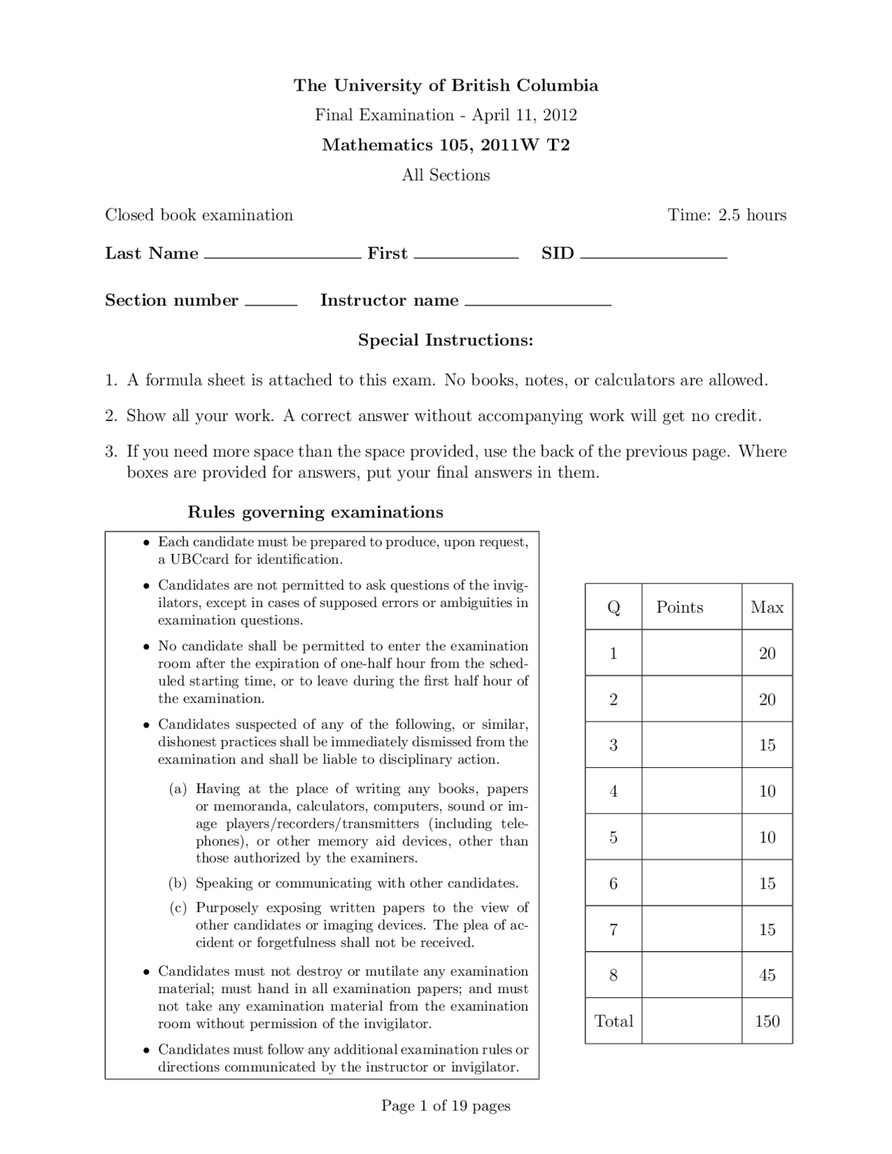 Radius Mathematics Exam Docsity