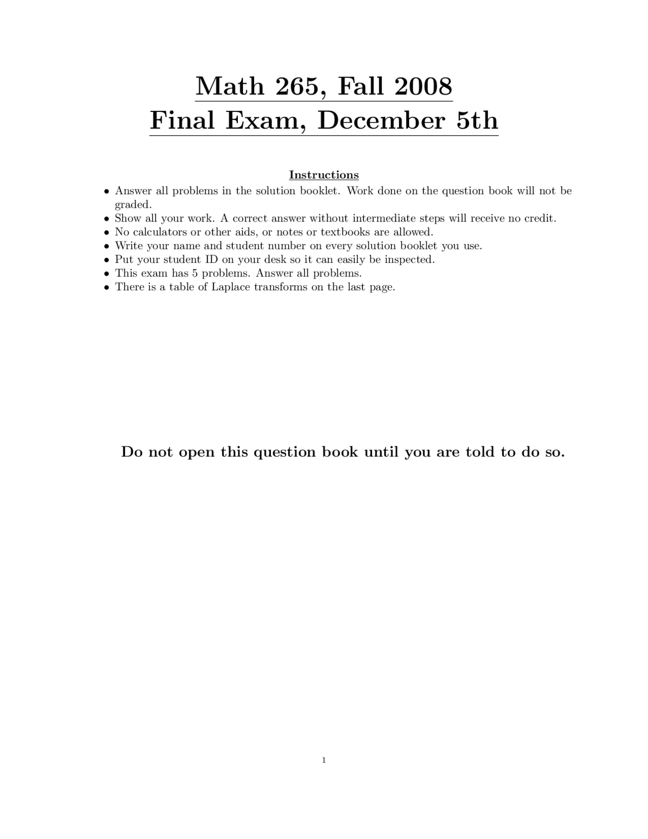 Laplace Transform Mathematics Exam Docsity