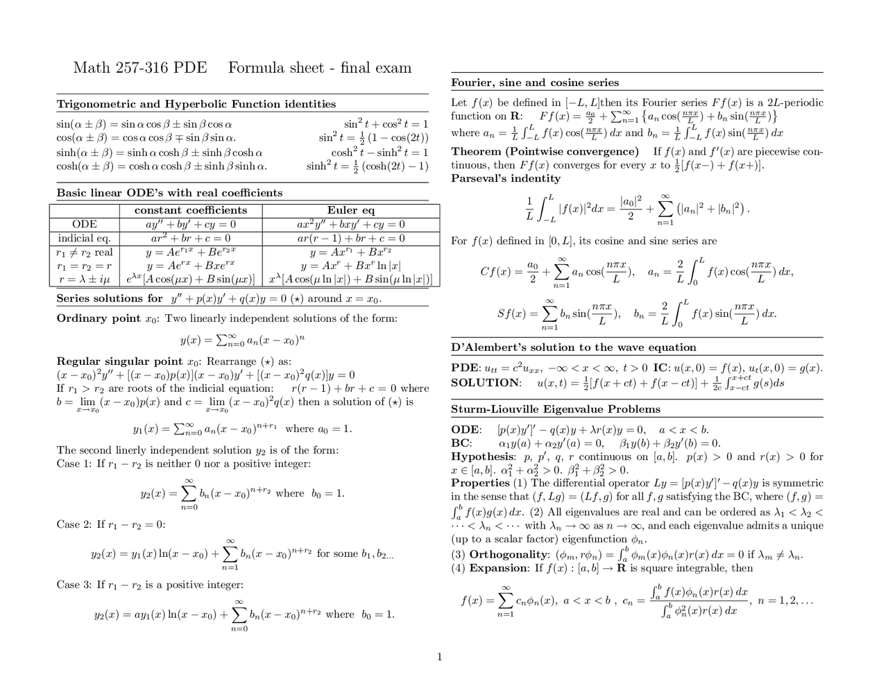 Indicial Equation - Elementary Differential Equations - Exam - Docsity