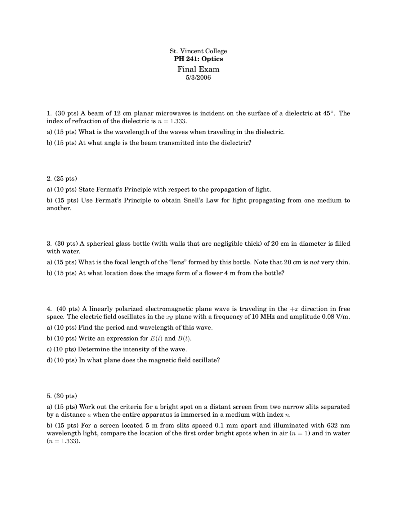 Propagation of Light - Optics and Modern Physics - Past Paper - Docsity
