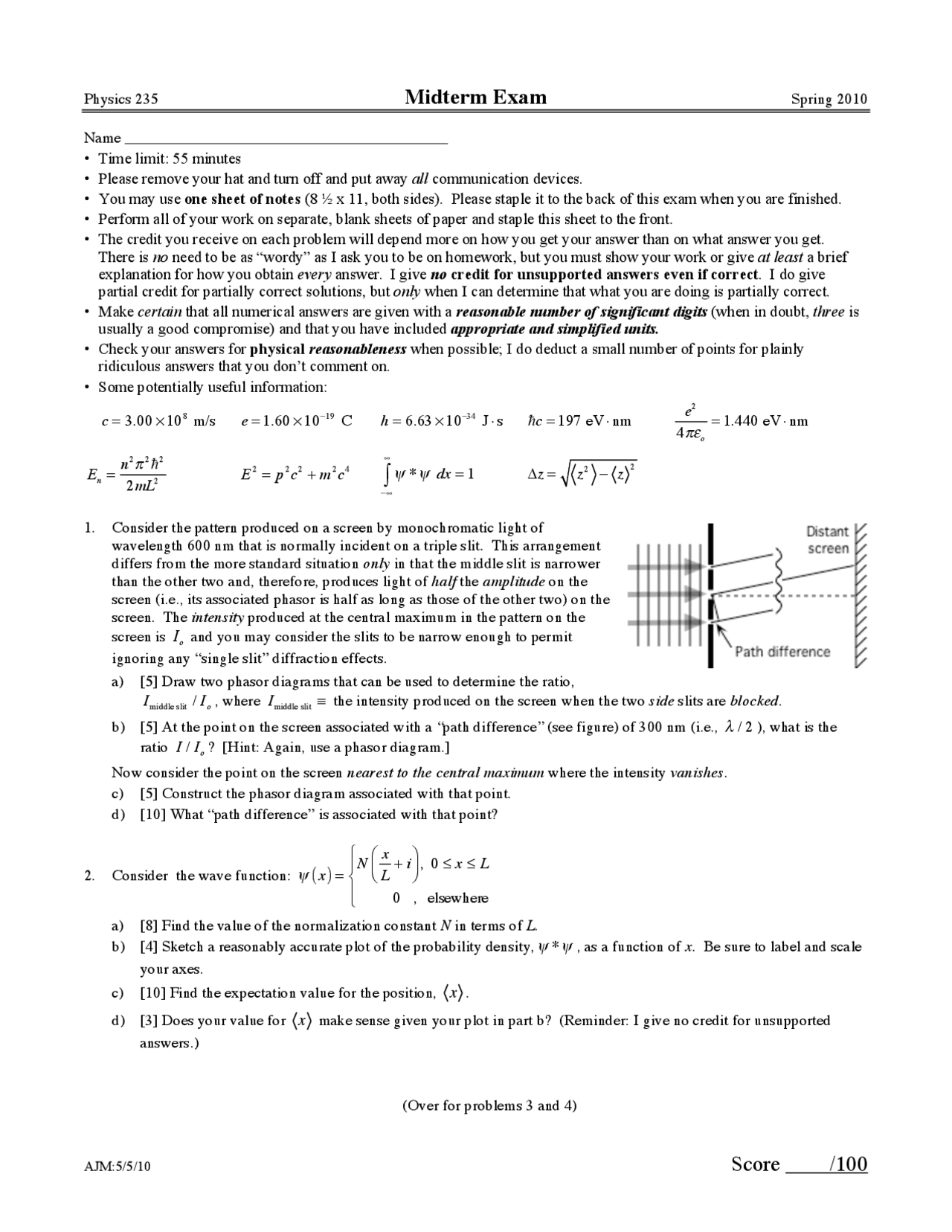 Single Slit Diffraction Effects - Modern Physics - Past Exam | Exams Physics | Docsity